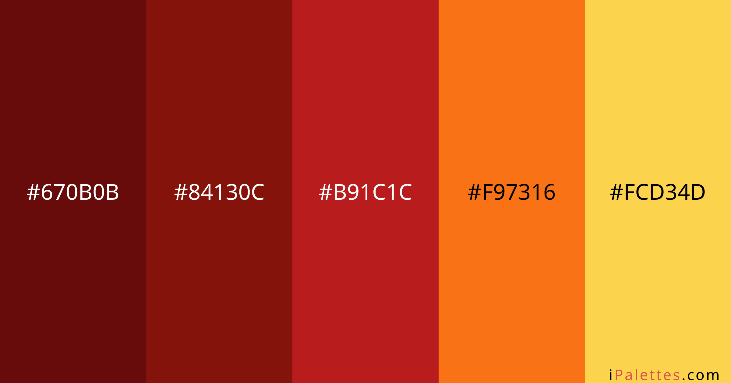 Mars Color Palette and colors #670B0B #84130C #B91C1C #F97316 #FCD34D ...