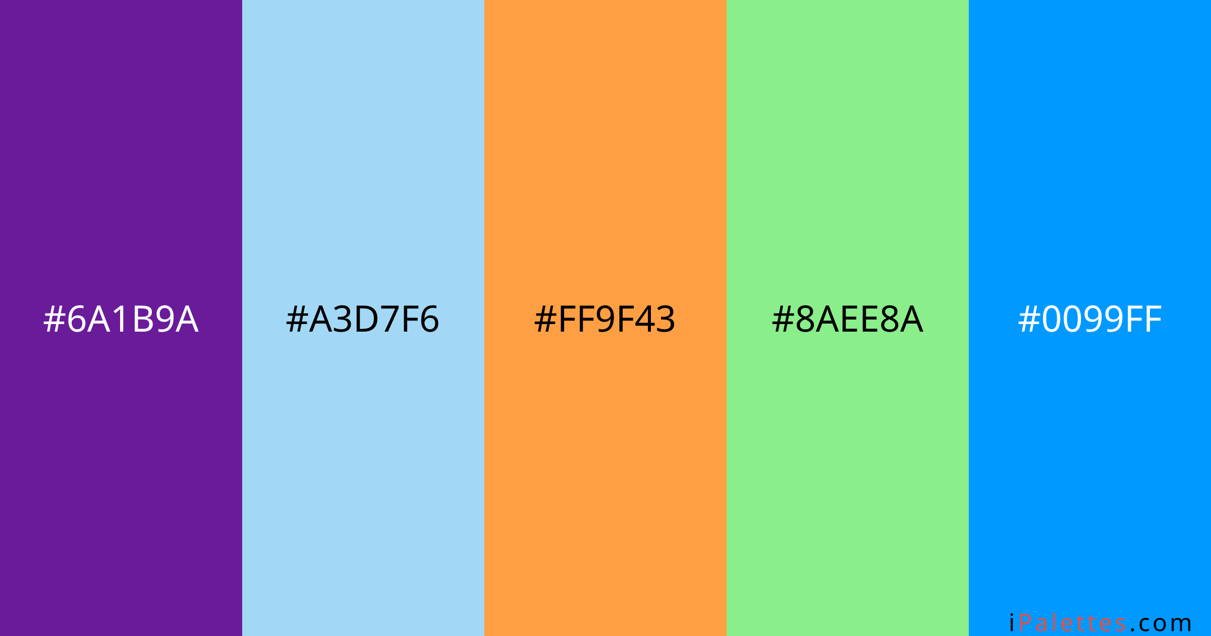Alien Color Palette and colors #6a1b9a #a3d7f6 #ff9f43 #8aee8a #0099ff ...