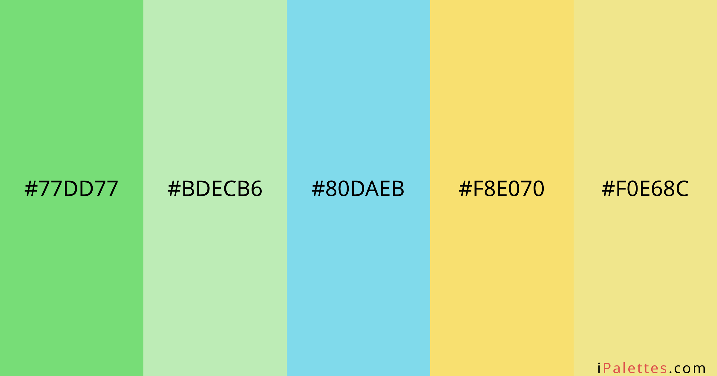 Spring Color Palette and colors #77DD77 #BDECB6 #80DAEB #F8E070 #F0E68C ...