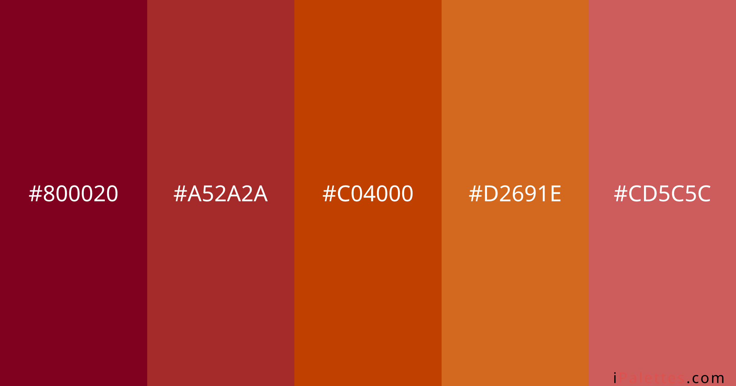 Burgundy color Color Palette and colors #800020 #A52A2A #C04000 #D2691E ...