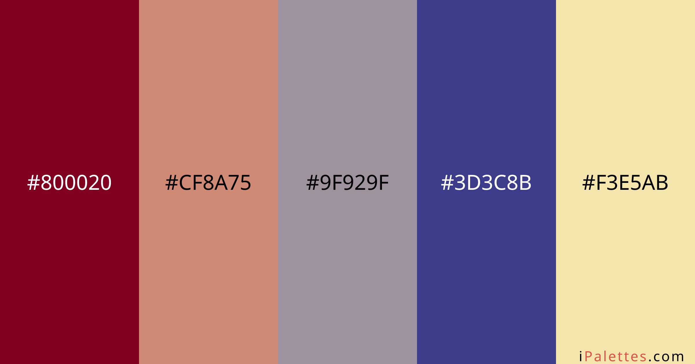 Baroque Color Palette and colors #800020 #cf8a75 #9f929f #3d3c8b # ...