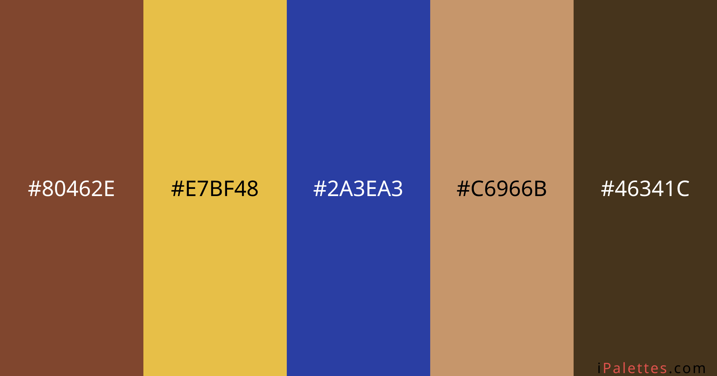 Neo Barbarian Color Palette and colors #80462e #e7bf48 #2a3ea3 #c6966b ...