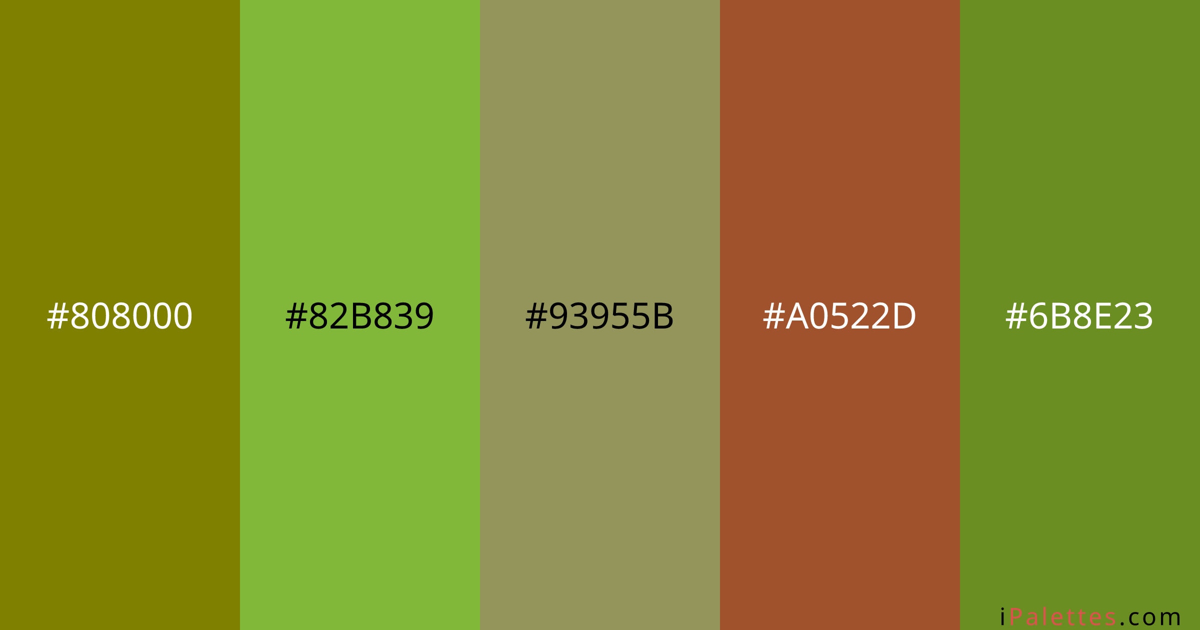 Olive Color Palette and colors #808000 #82b839 #93955b #a0522d #6b8e23 ...