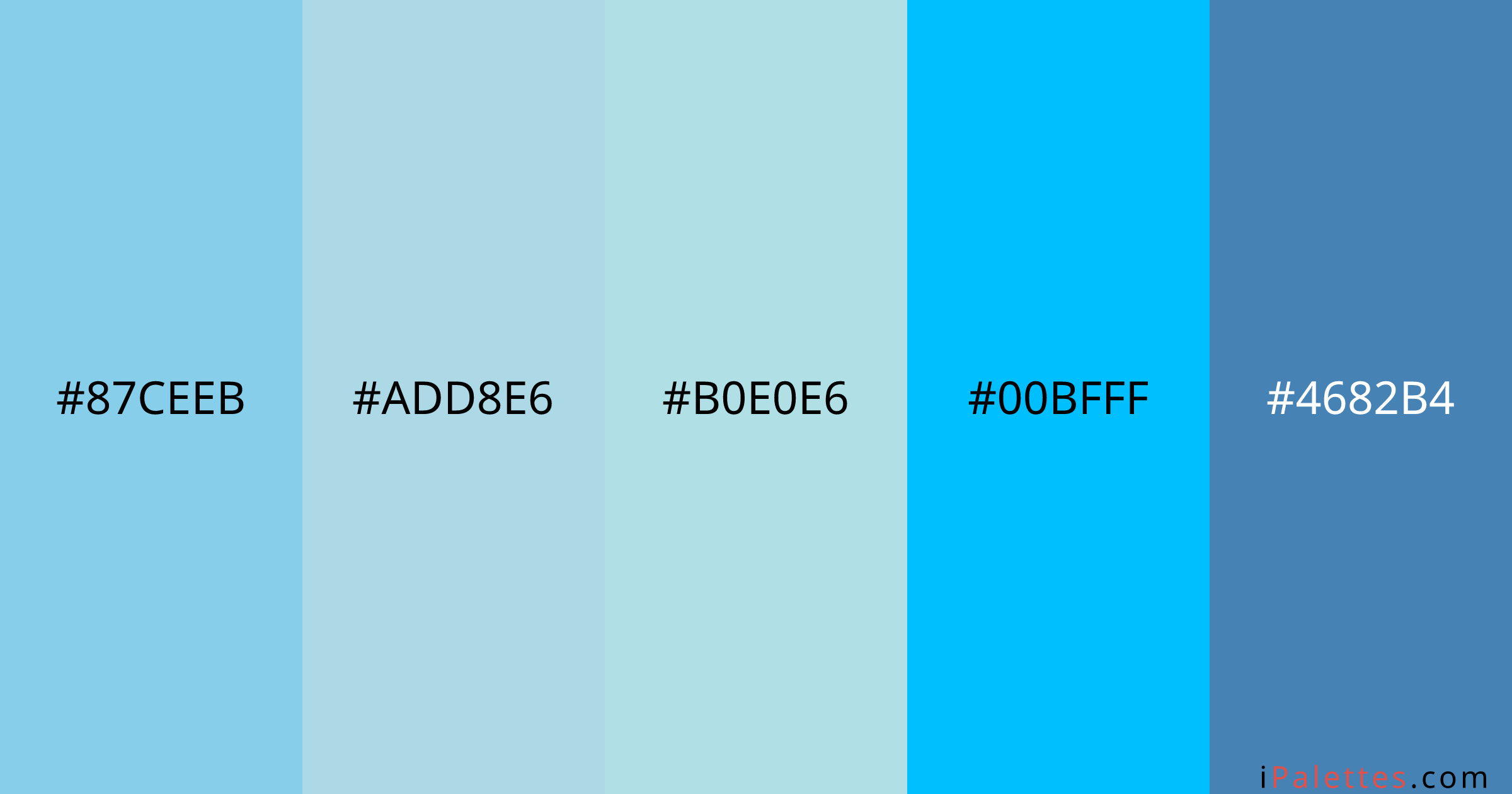6 Color Palette and colors #87ceeb #add8e6 #b0e0e6 #00bfff #4682b4 ...