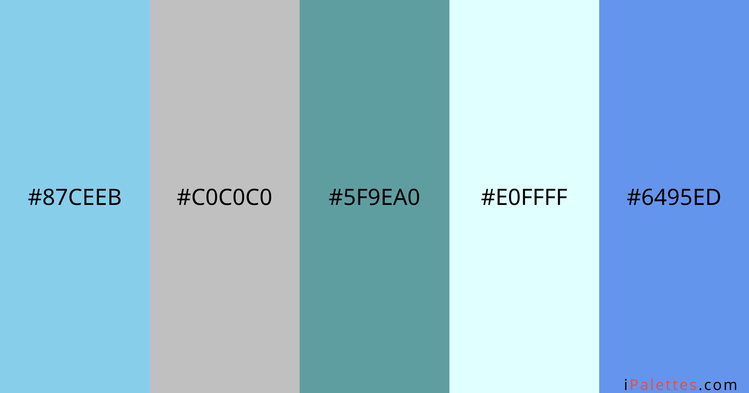 Novel Color Palette and colors #87ceeb #c0c0c0 #5f9ea0 #e0ffff #6495ed ...