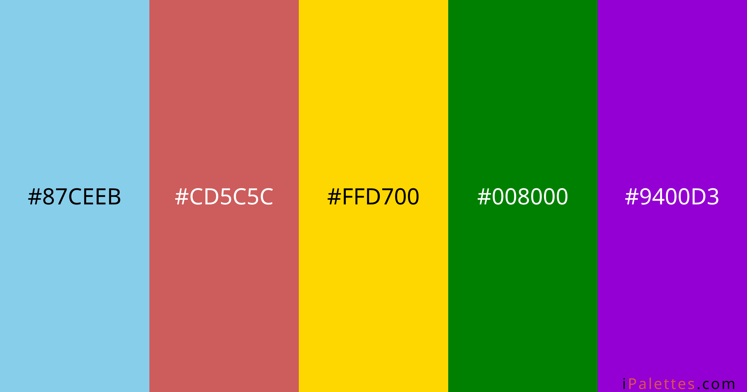 Mood Color Palette and colors #87ceeb #cd5c5c #ffd700 #008000 #9400d3 ...