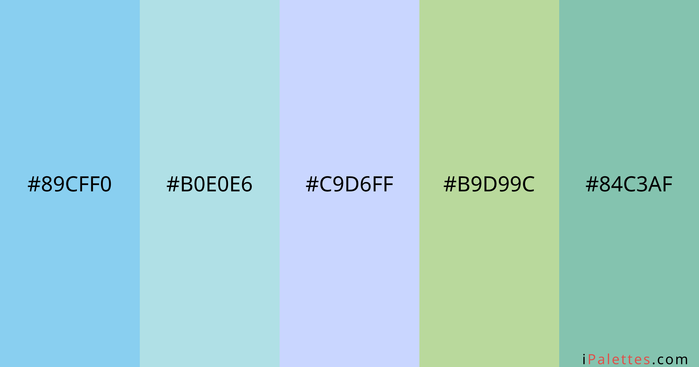 Wind Color Palette and colors #89cff0 #b0e0e6 #c9d6ff #b9d99c #84c3af ...
