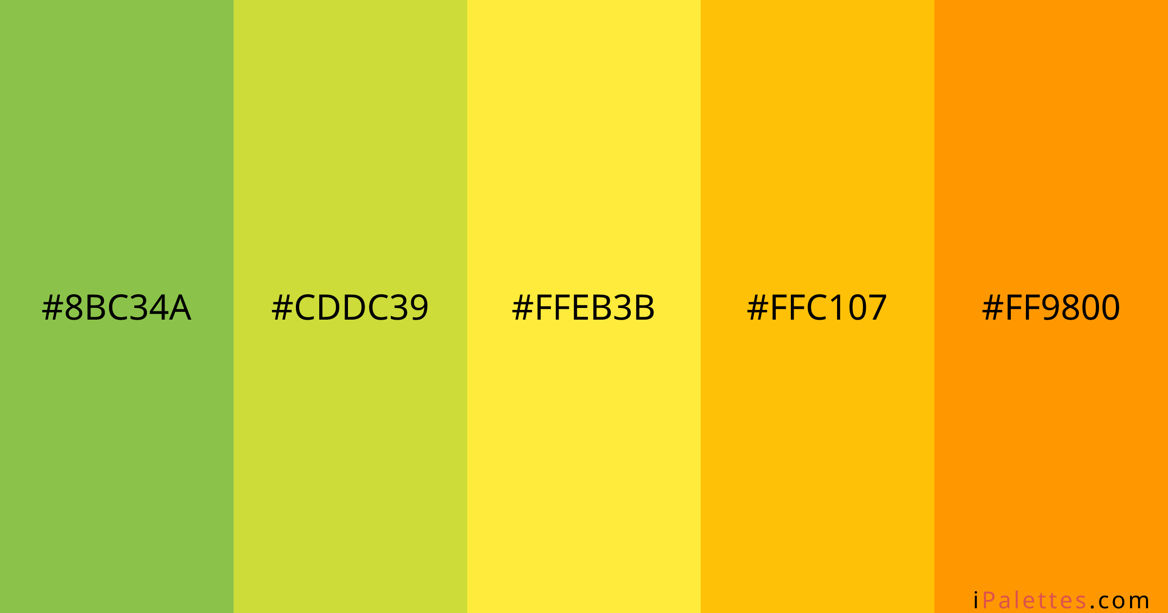 Spring Color Palette and colors #8BC34A #CDDC39 #FFEB3B #FFC107 #FF9800 ...