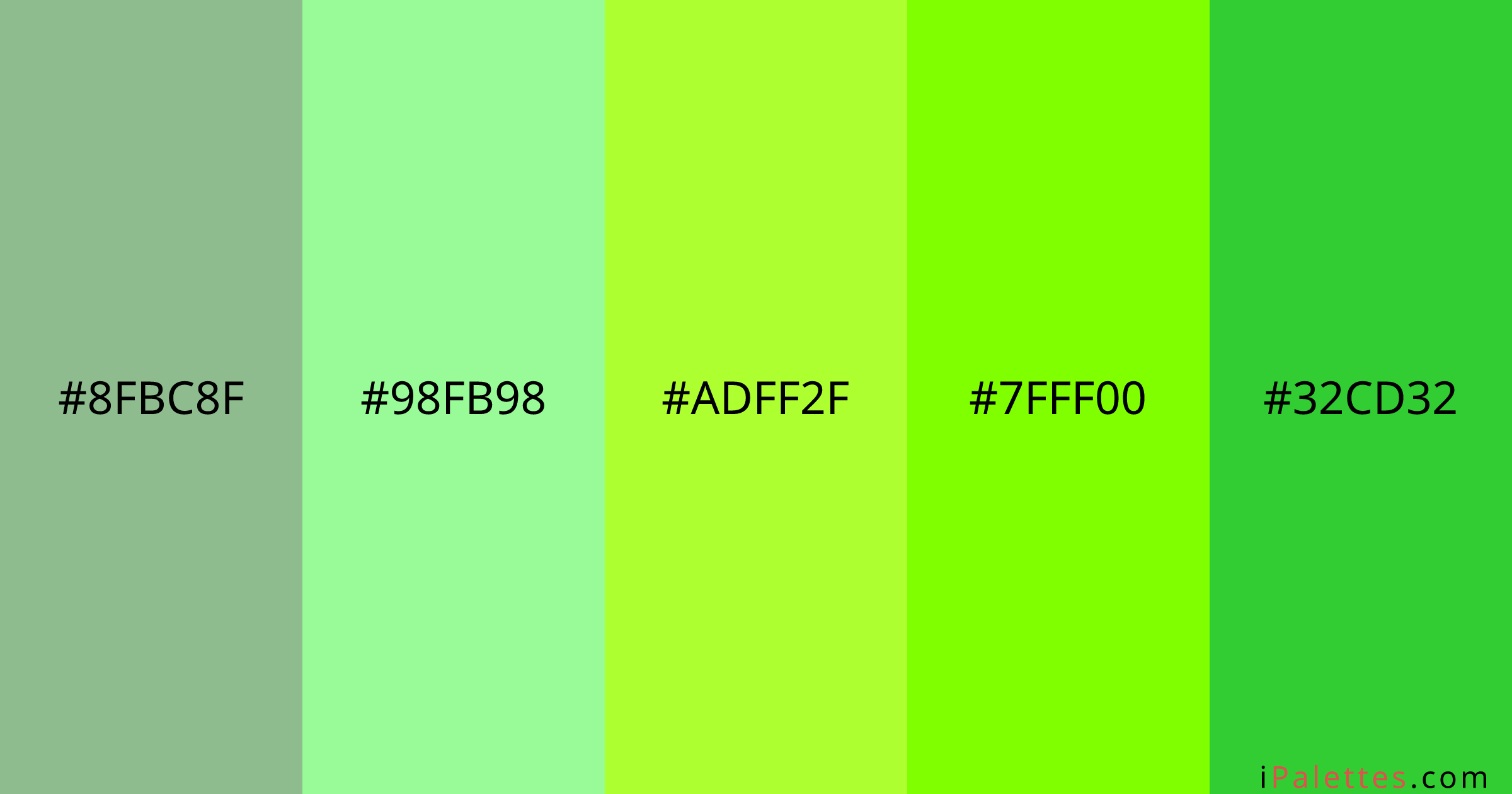 March Color Palette and colors #8FBC8F #98FB98 #ADFF2F #7FFF00 #32CD32 ...