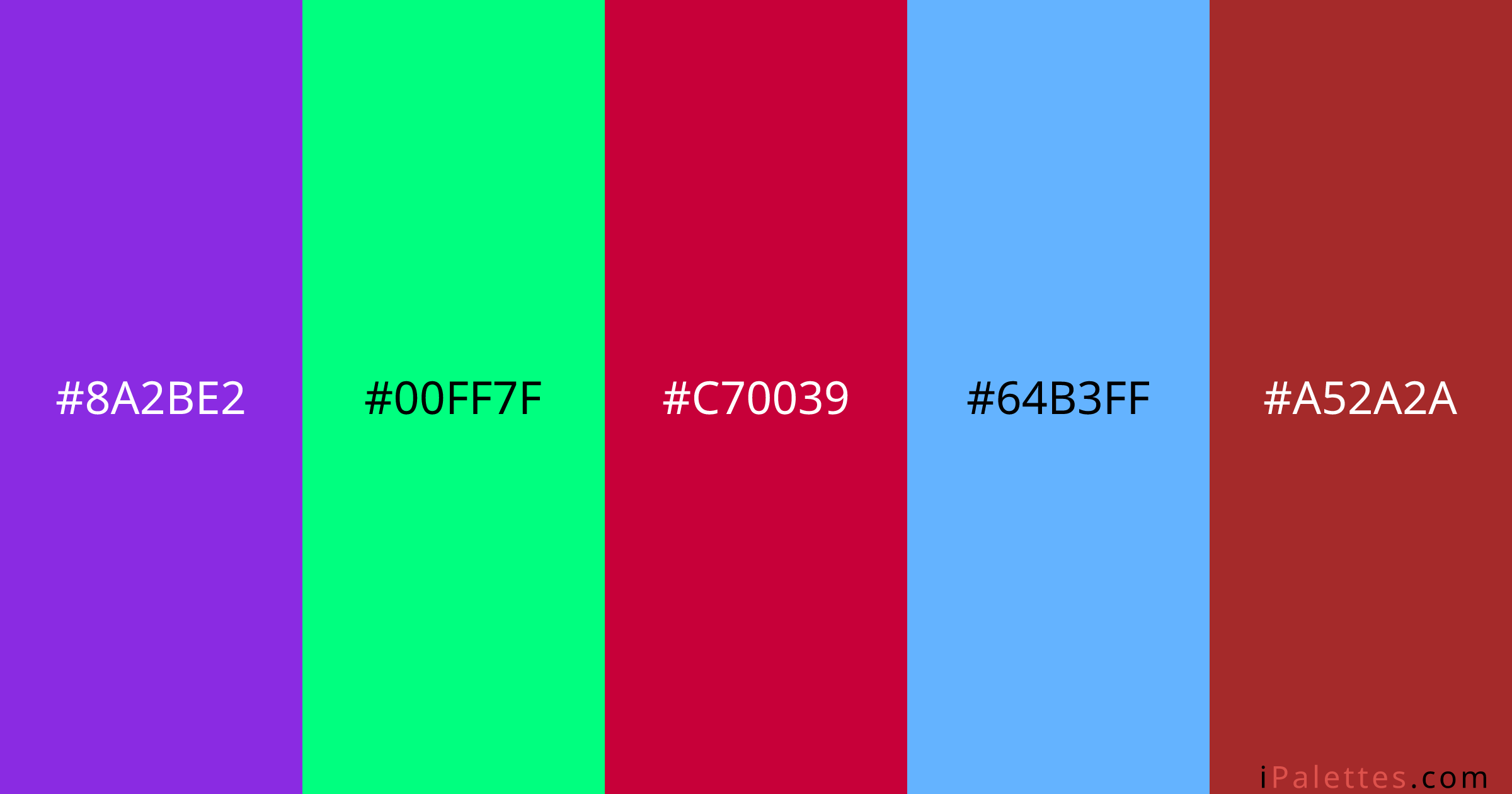 Wild Color Palette and colors #8a2be2 #00ff7f #c70039 #64b3ff #a52a2a ...