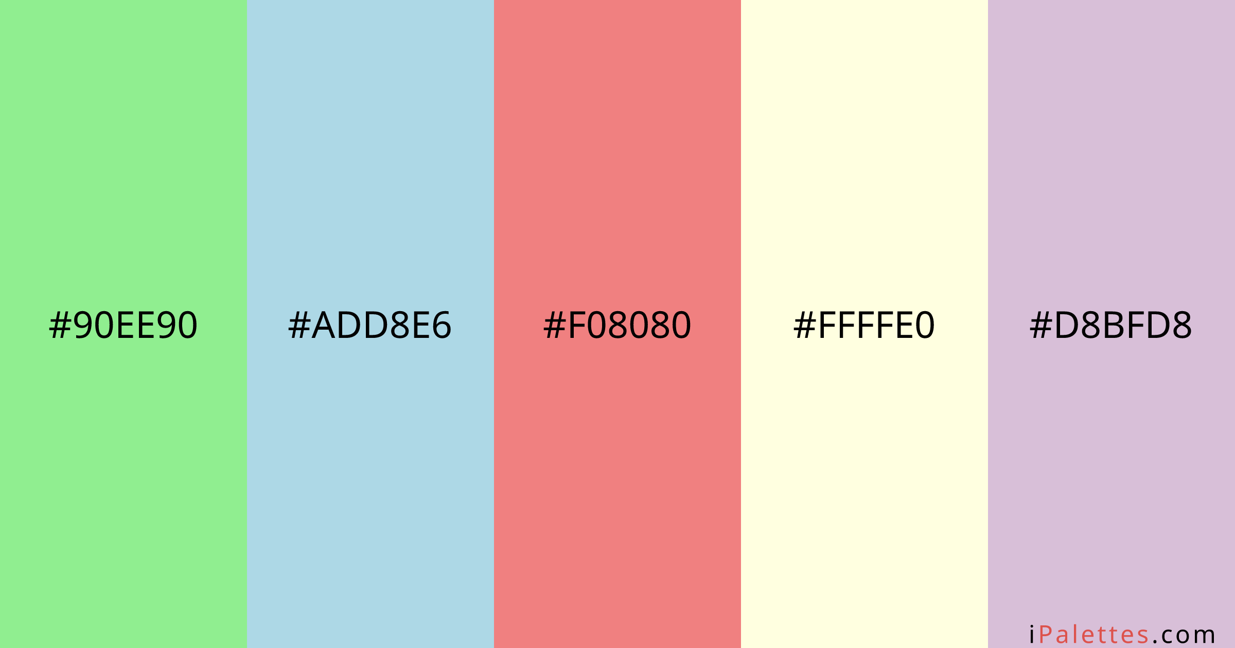 Fairy Color Palette and colors #90EE90 #ADD8E6 #F08080 #FFFFE0 #D8BFD8 ...