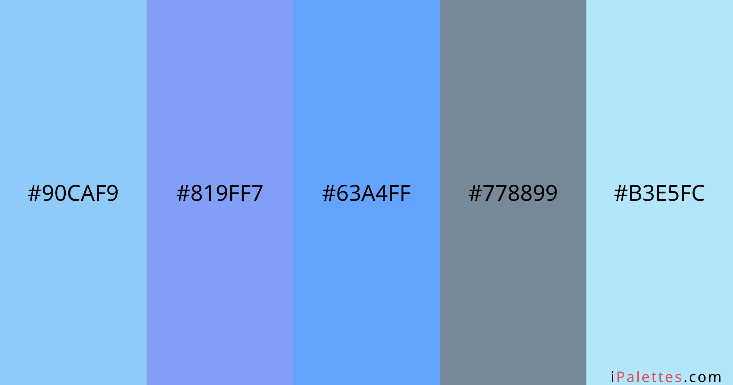 Cool Color Palette and colors #90caf9 #819ff7 #63a4ff #778899 #b3e5fc ...