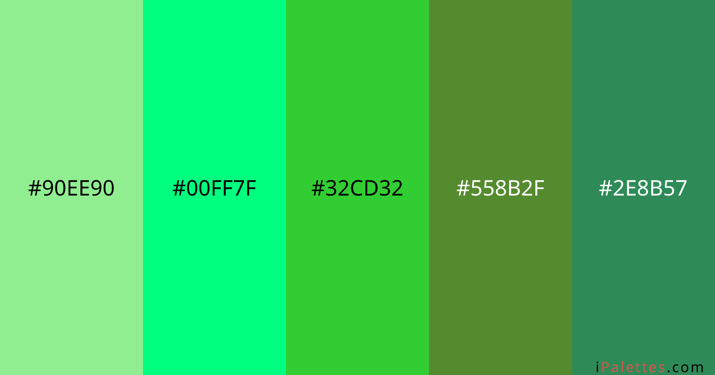 Fresh Green Color Palette and colors #90ee90 #00ff7f #32cd32 #558b2f ...