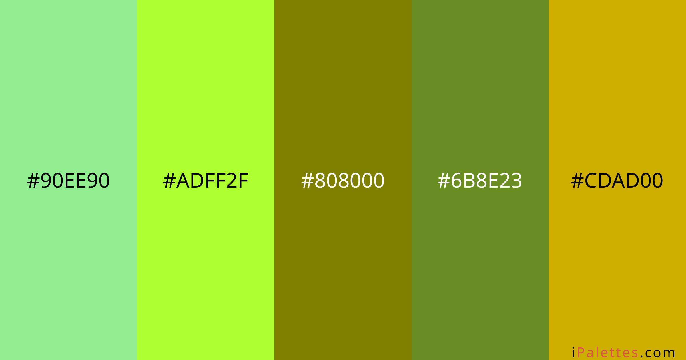 草原 Color Palette and colors #90ee90 #adff2f #808000 #6b8e23 #cdad00 ...