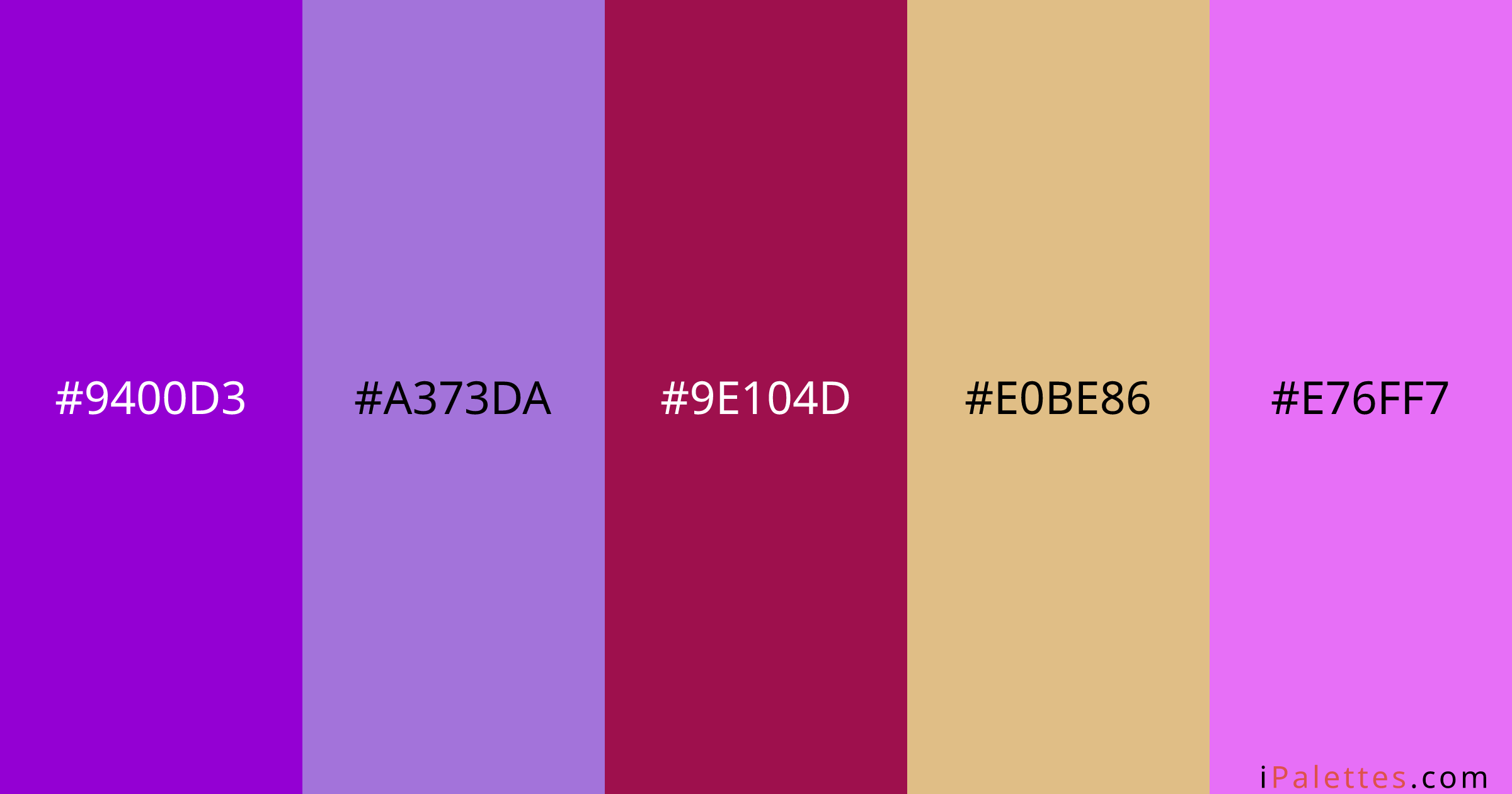 Azra Color Palette and colors #9400d3 #a373da #9e104d #e0be86 #e76ff7 ...