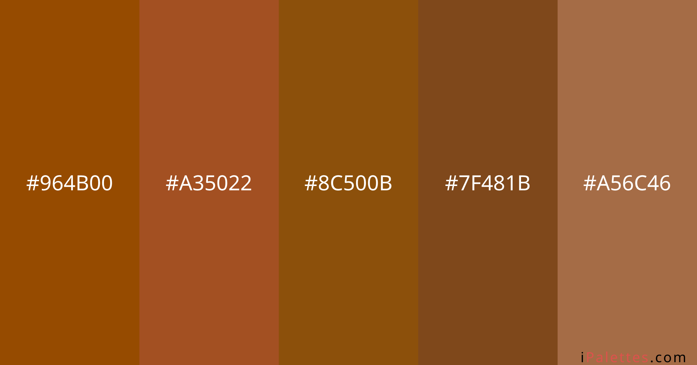 Brown Color Palette and colors #964b00 #a35022 #8c500b #7f481b #a56c46 ...