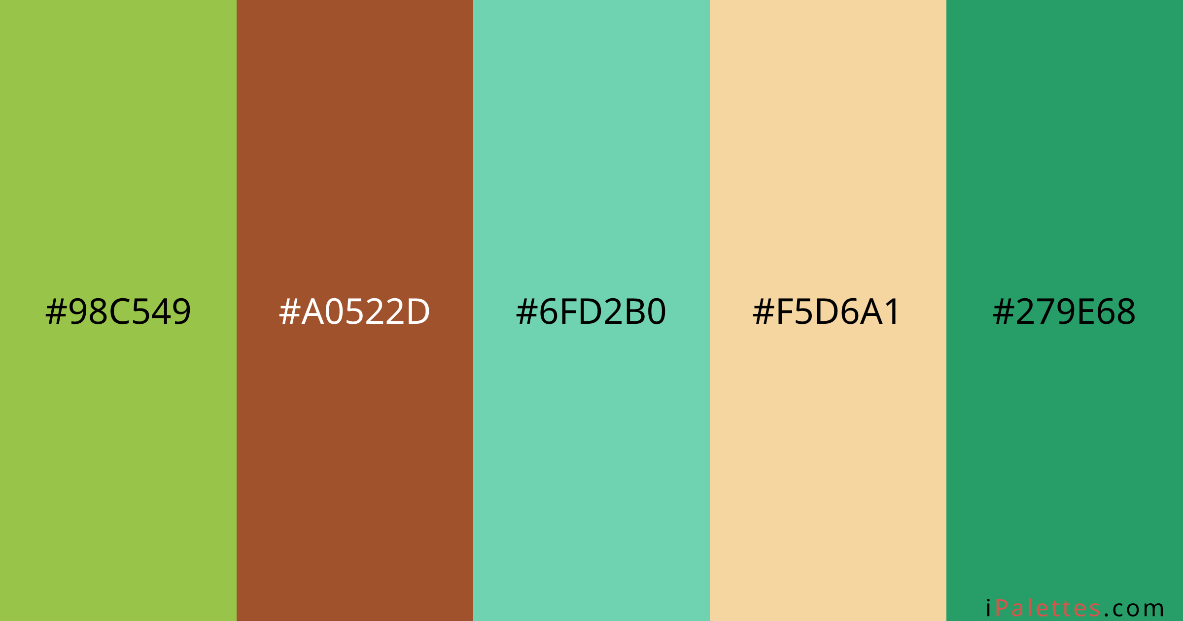 Sprout seedly Color Palette and colors #98c549 #a0522d #6fd2b0 #f5d6a1 ...