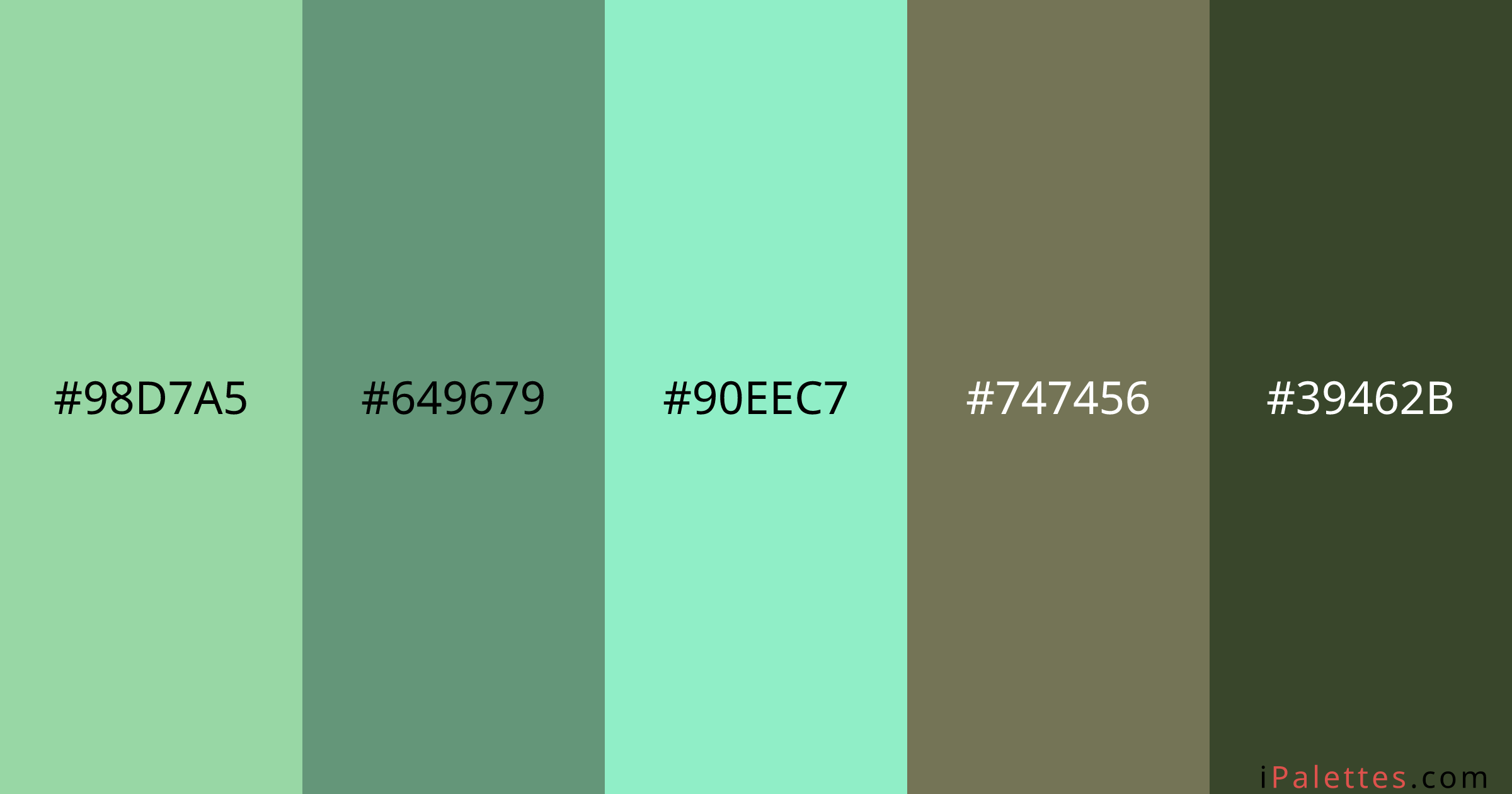 Nature journal Color Palette and colors #98d7a5 #649679 #90eec7 #747456 ...