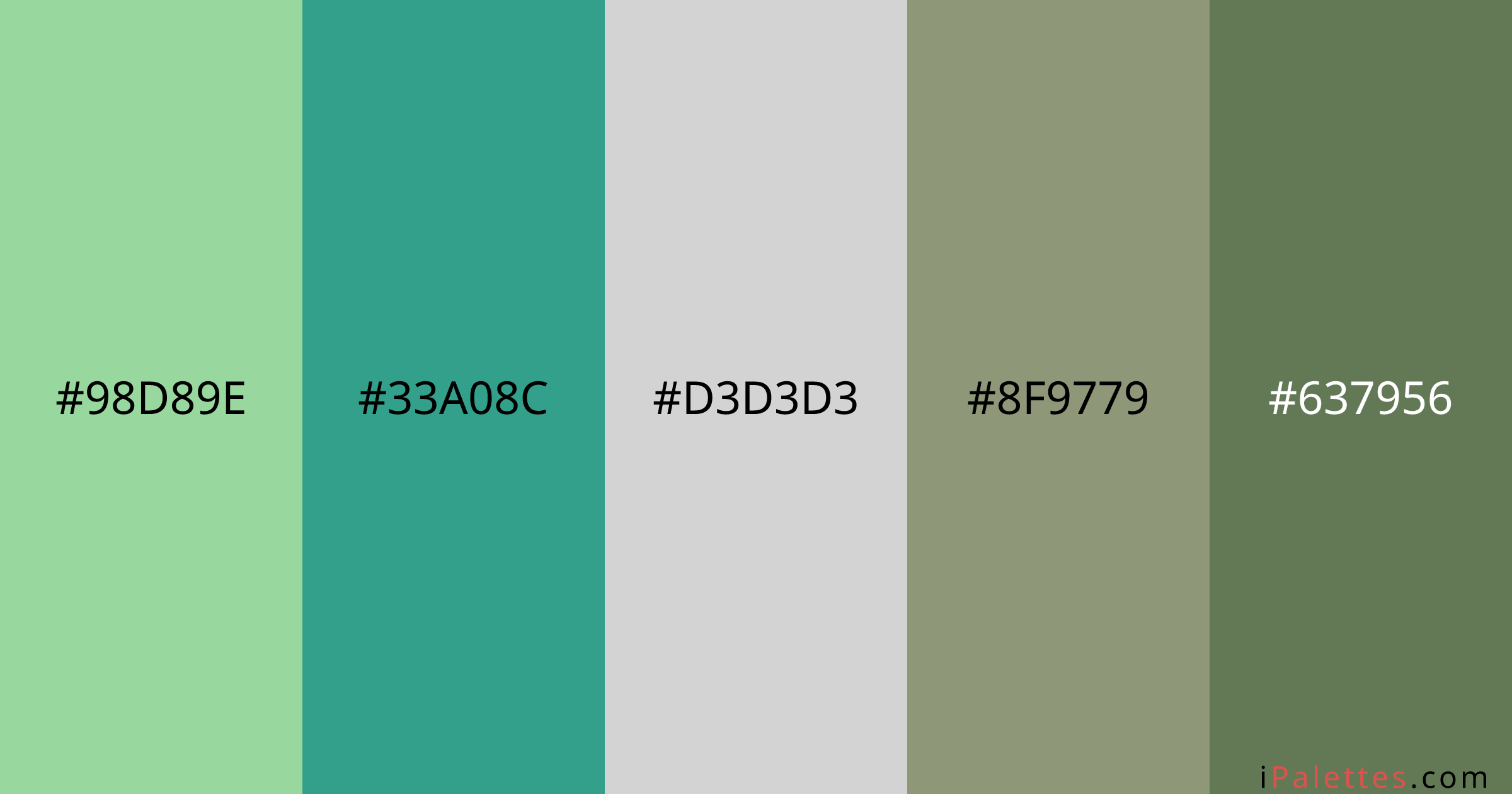 Sustainability Color Palette and colors #98d89e #33a08c #d3d3d3 #8f9779 ...