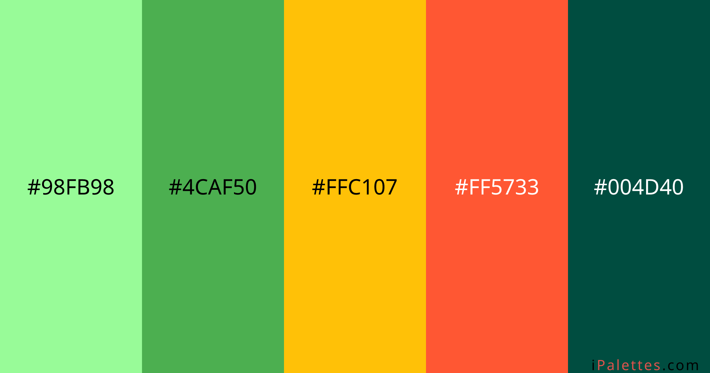 Kind Color Palette and colors #98fb98 #4caf50 #ffc107 #ff5733 #004d40 ...