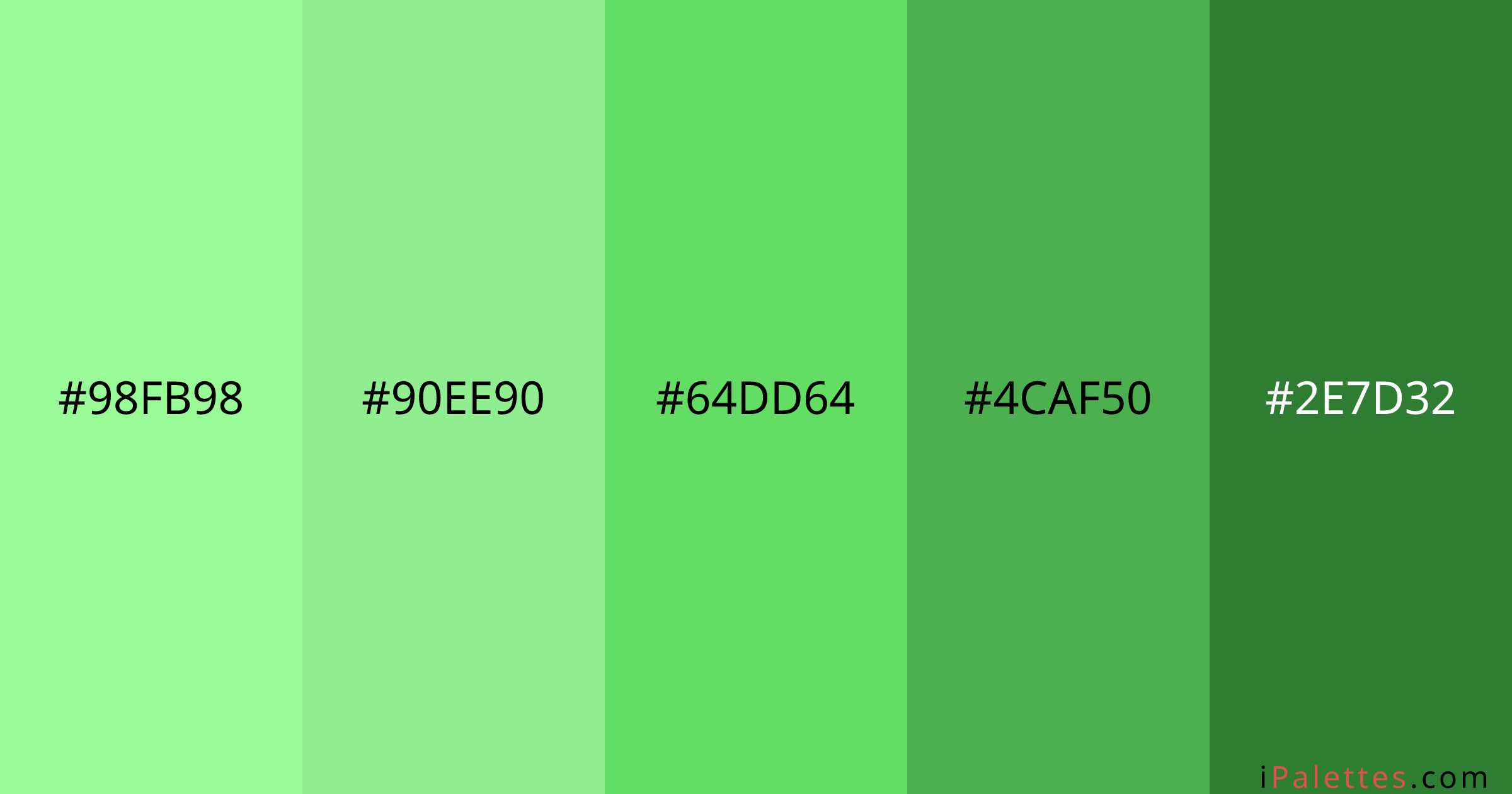 Sprout Color Palette and colors #98fb98 #90ee90 #64dd64 #4caf50 #2e7d32 ...