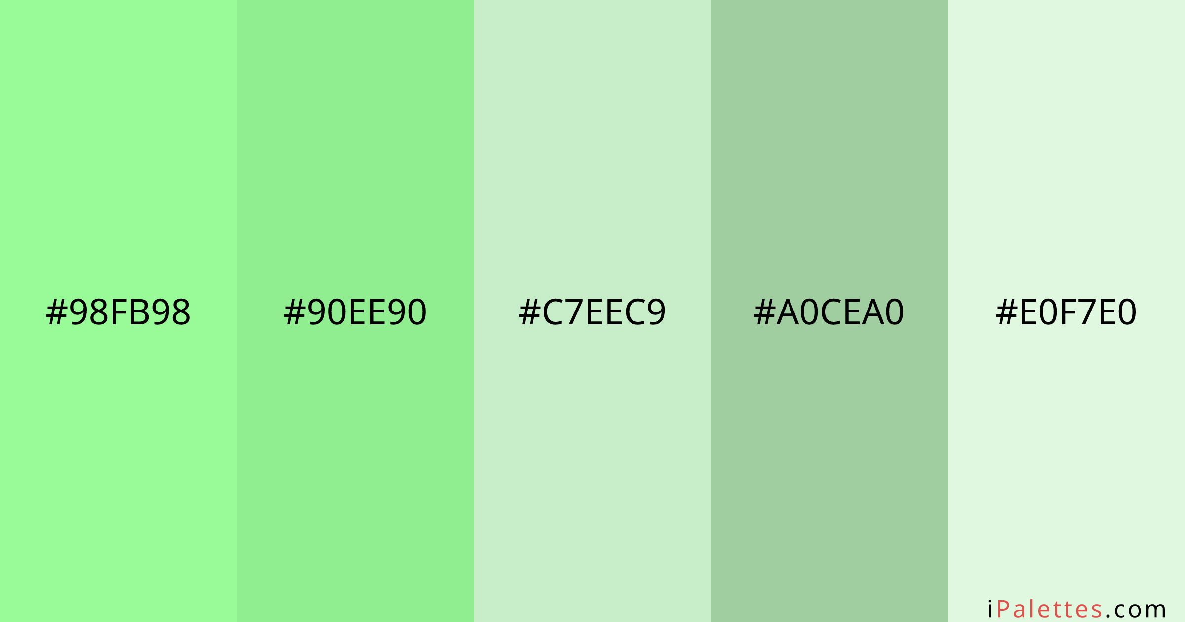 Sprout seedly Color Palette and colors #98fb98 #90ee90 #c7eec9 #a0cea0 ...