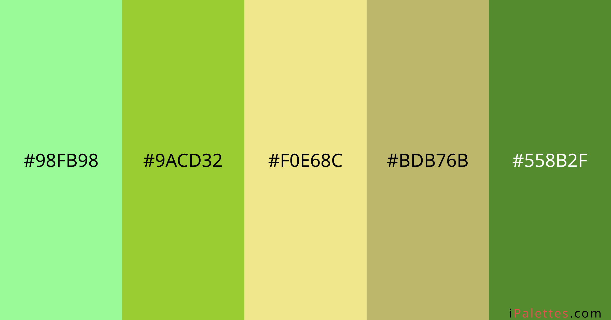 Sprout Seedly Color Palette and colors #98fb98 #9acd32 #f0e68c #bdb76b ...