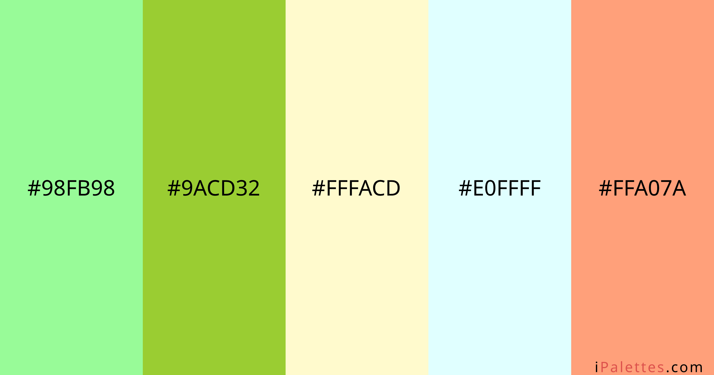 Spring Color Palette and colors #98fb98 #9acd32 #fffacd #e0ffff #ffa07a ...