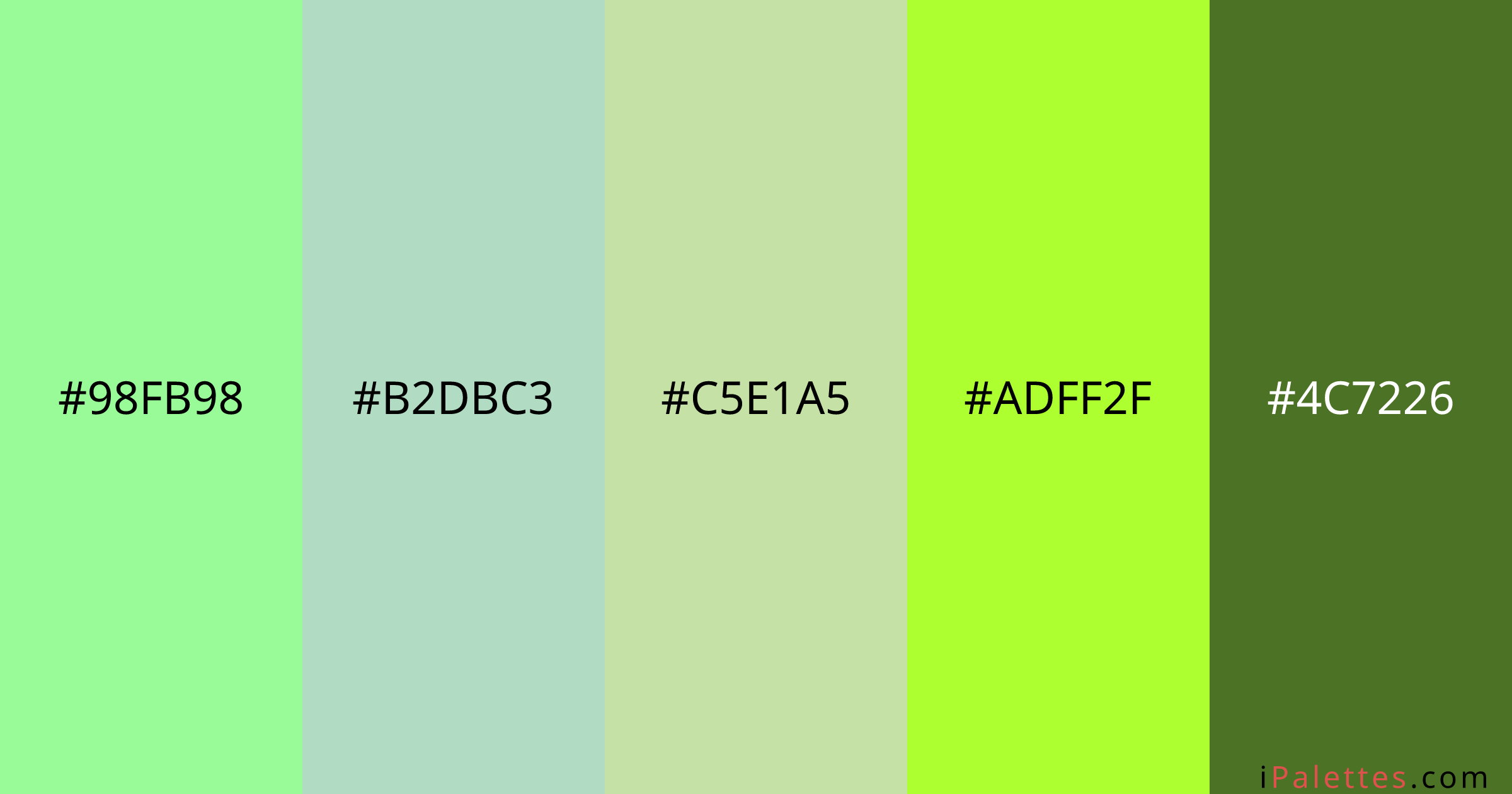 Sprout Seedly Color Palette and colors #98fb98 #b2dbc3 #c5e1a5 #adff2f ...