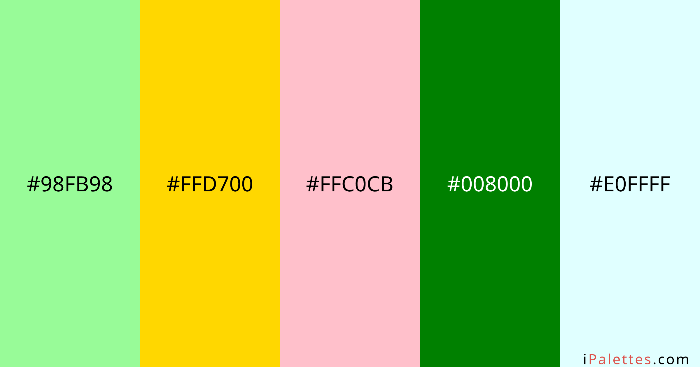 Spring Color Palette and colors #98fb98 #ffd700 #ffc0cb #008000 #e0ffff ...