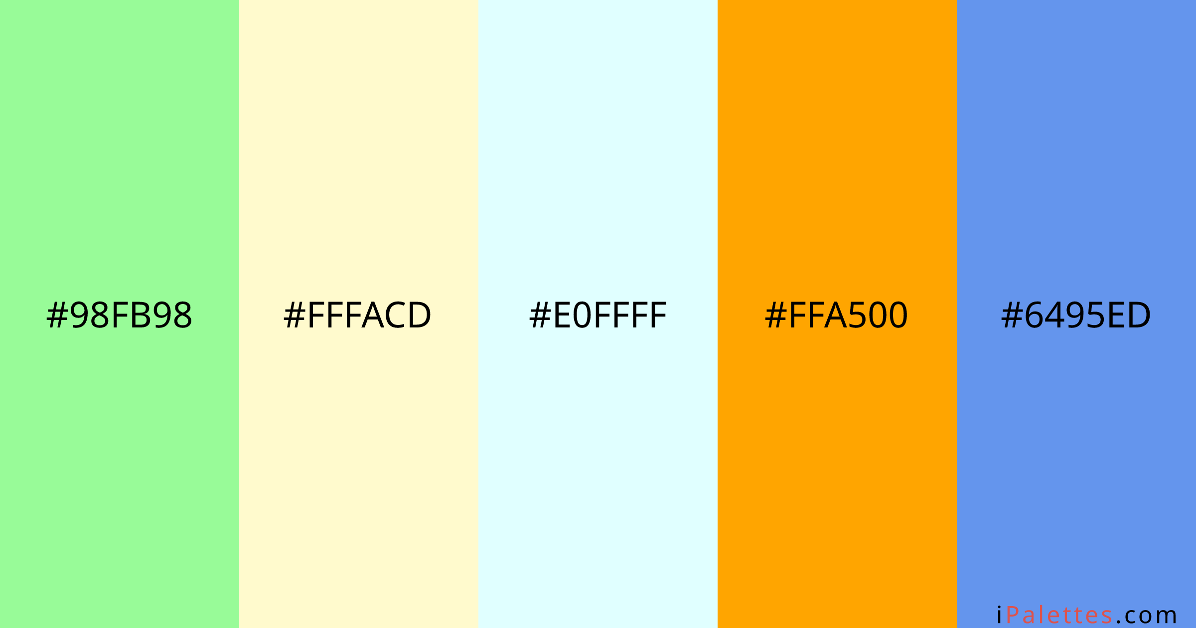 Spring Color Palette and colors #98fb98 #fffacd #e0ffff #ffa500 #6495ed ...