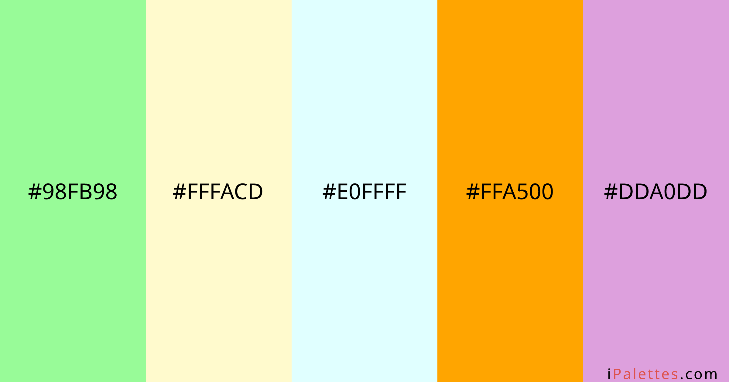 Spring Color Palette and colors #98fb98 #fffacd #e0ffff #ffa500 #dda0dd ...