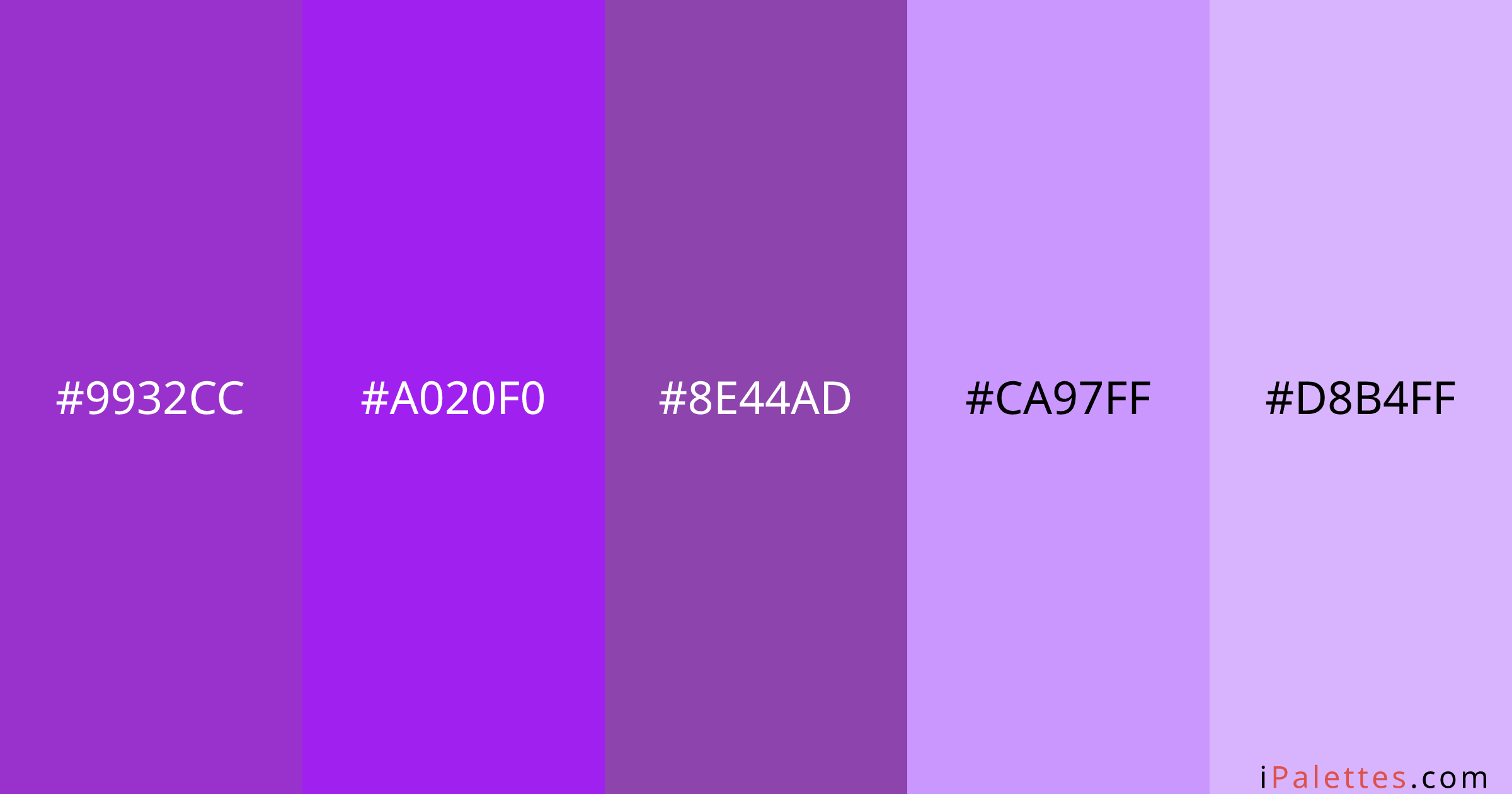 Purple Color Palette and colors #9932cc #a020f0 #8e44ad #ca97ff #d8b4ff ...