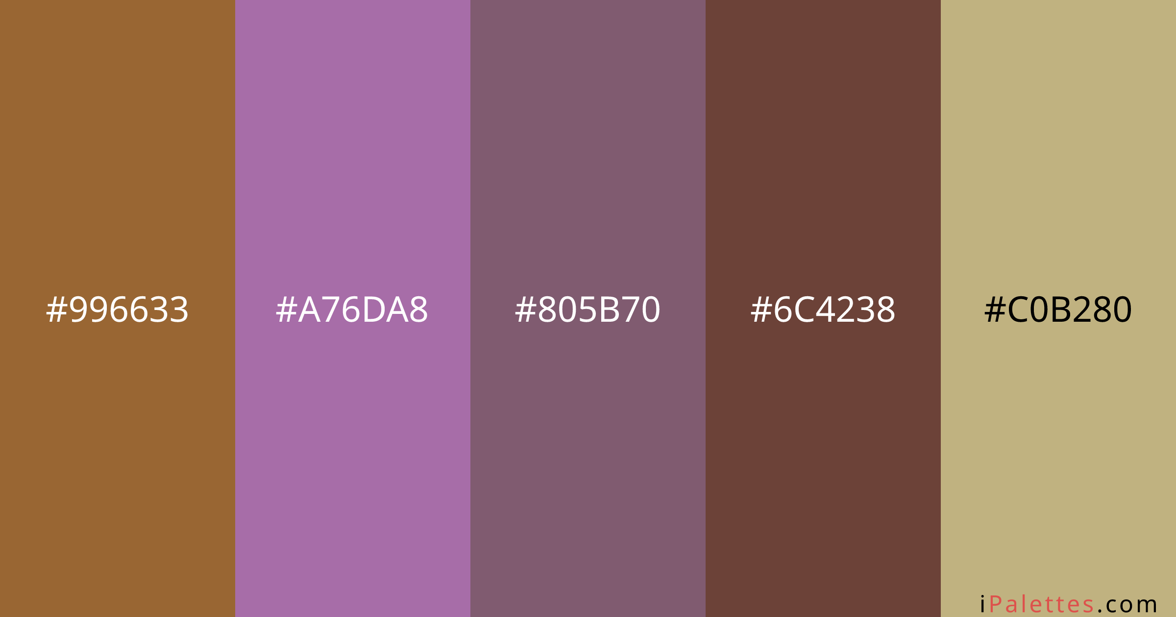 Rich Color Palette and colors #996633 #a76da8 #805b70 #6c4238 #c0b280 ...