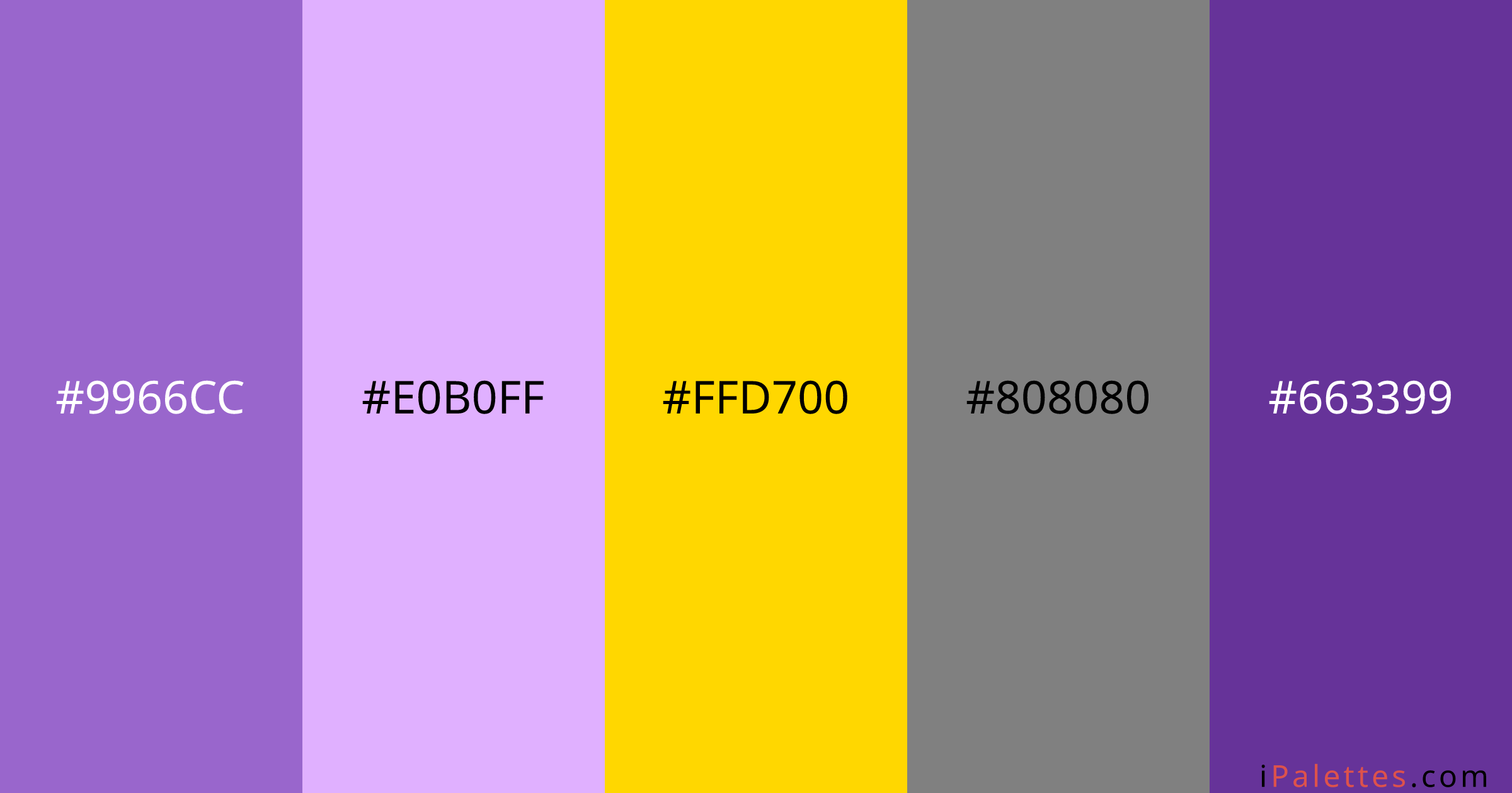 Tisha Color Palette and colors #9966cc #e0b0ff #ffd700 #808080 #663399 ...