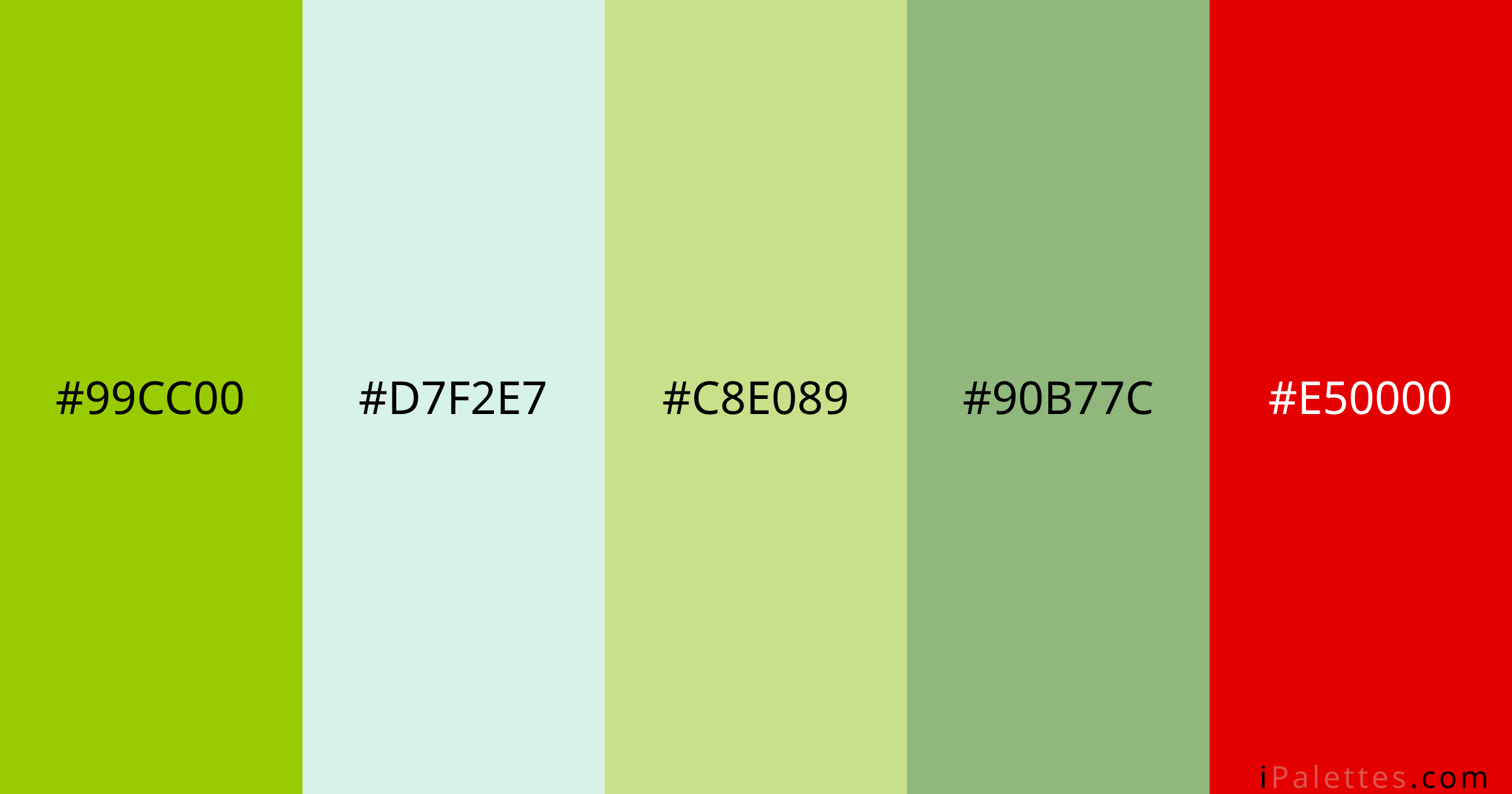 Vomit Color Palette and colors #99cc00 #d7f2e7 #c8e089 #90b77c #e50000 ...