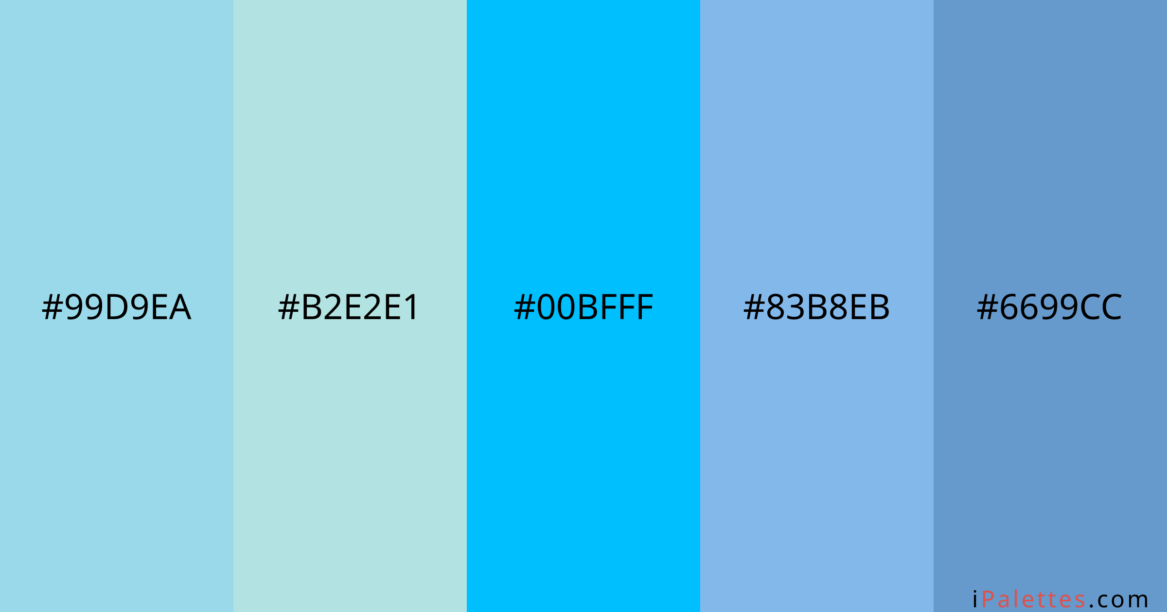 Ice Color Palette and colors #99d9ea #b2e2e1 #00bfff #83b8eb #6699cc ...
