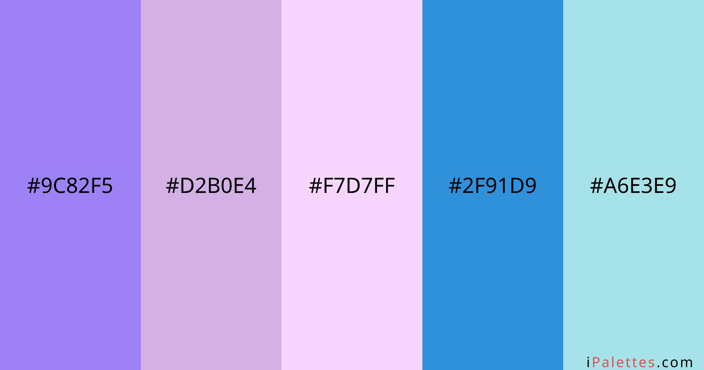 Furina Color Palette and colors #9C82F5 #D2B0E4 #F7D7FF #2F91D9 #A6E3E9 ...