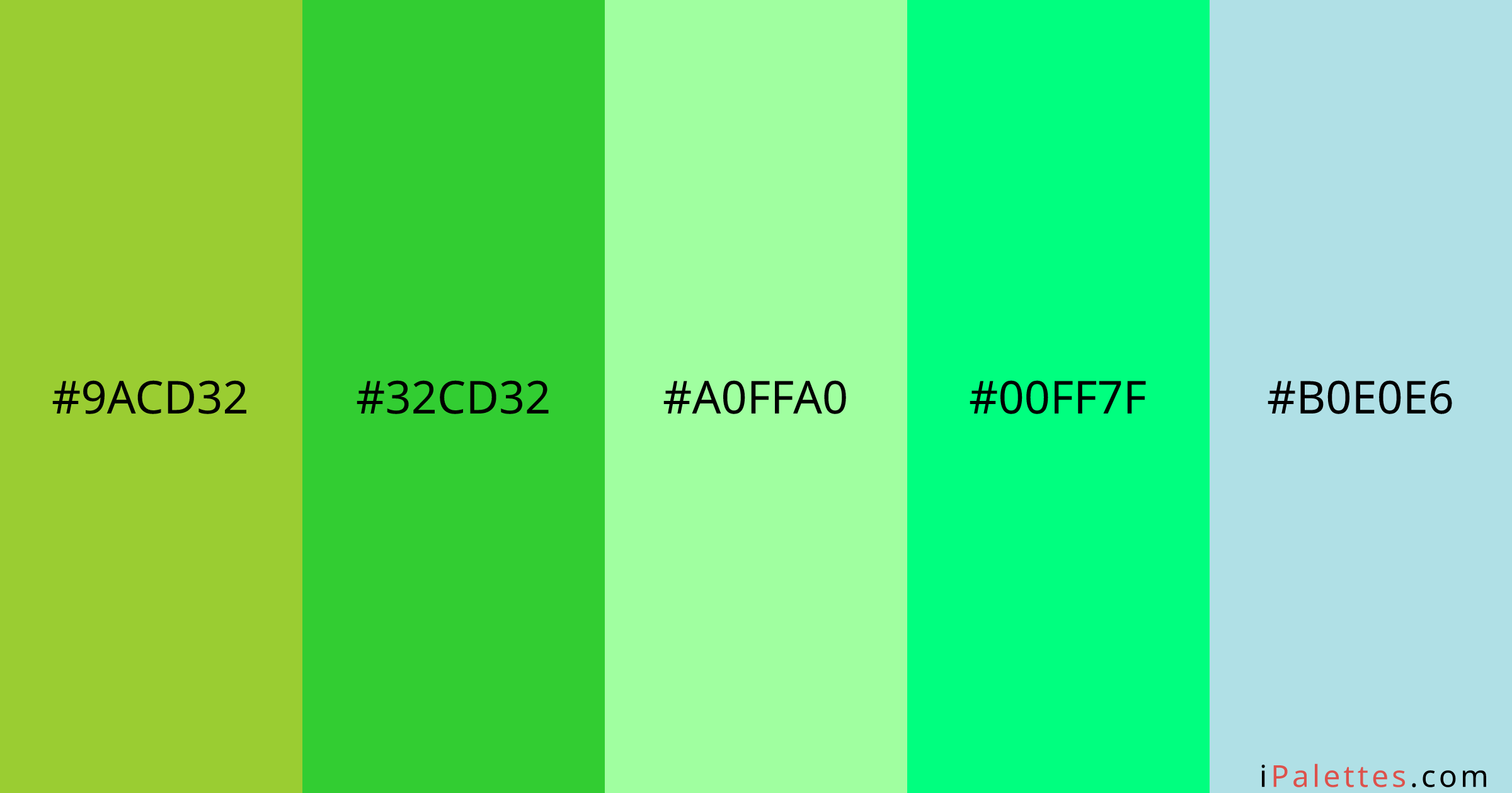 Lime Color Palette and colors #9acd32 #32cd32 #a0ffa0 #00ff7f #b0e0e6 ...