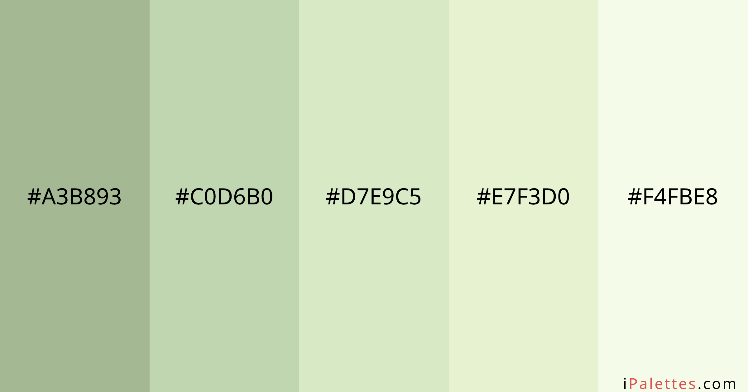 Matcha Color Palette and colors #A3B893 #C0D6B0 #D7E9C5 #E7F3D0 #F4FBE8 ...