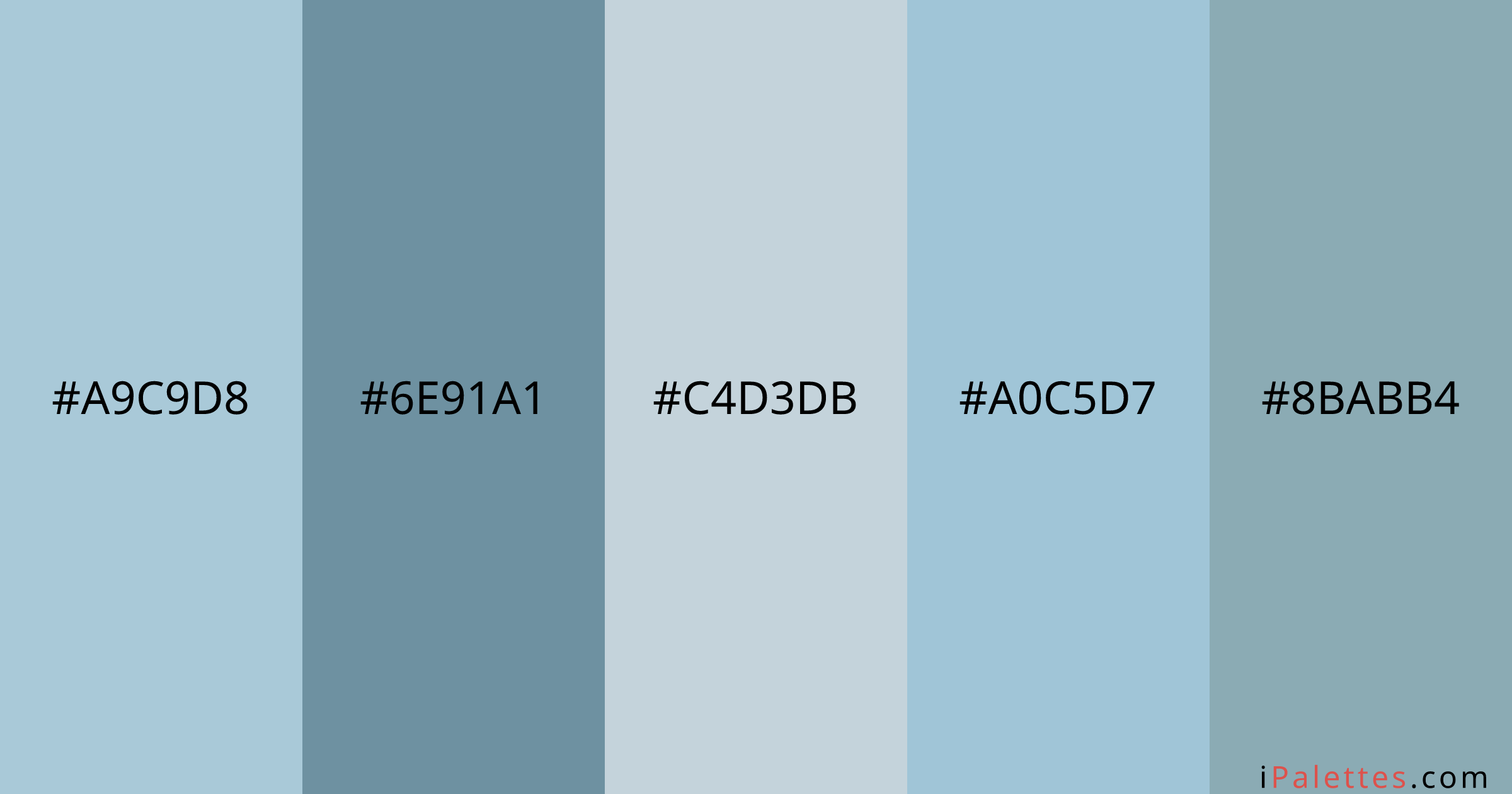 Icy Wilderness Color Palette and colors #A9C9D8 #6E91A1 #C4D3DB #A0C5D7 ...