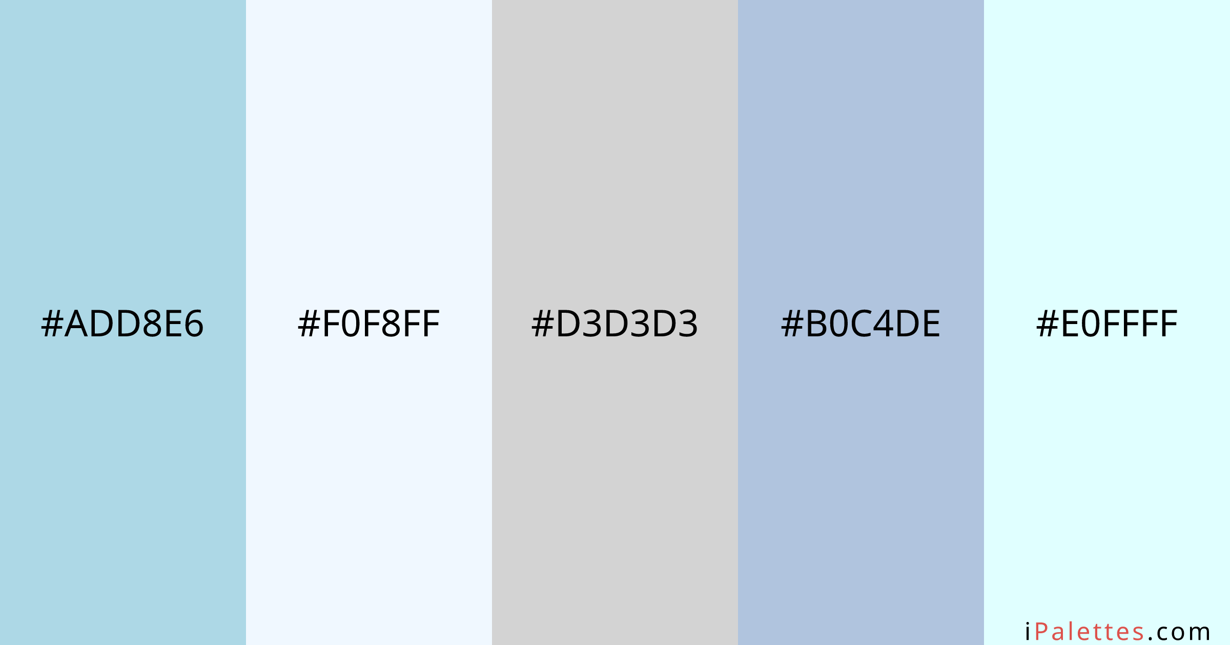 Modern Coastal Color Palette and colors #ADD8E6 #F0F8FF #D3D3D3 #B0C4DE ...