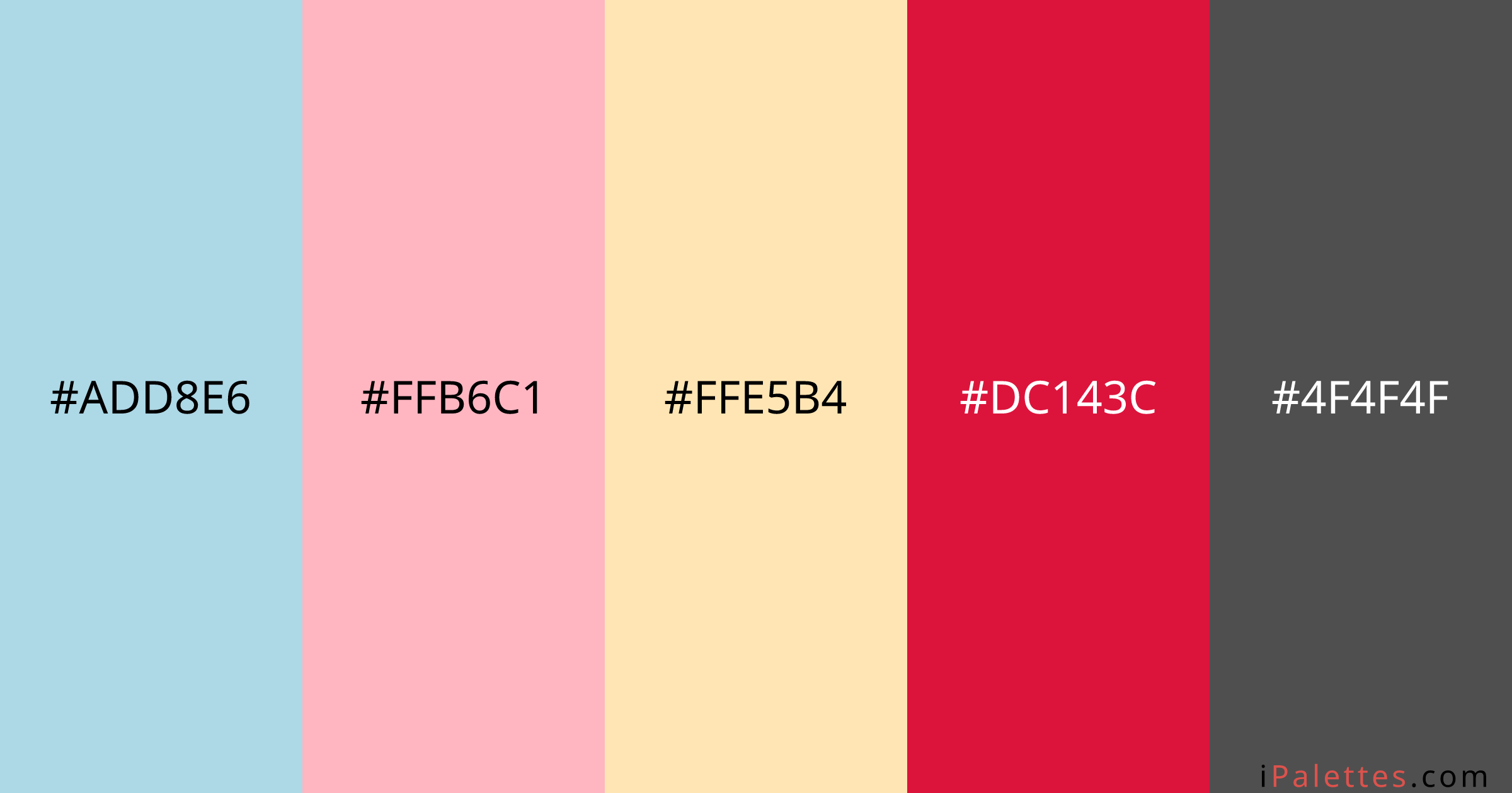 50s Color Palette and colors #ADD8E6 #FFB6C1 #FFE5B4 #DC143C #4F4F4F ...