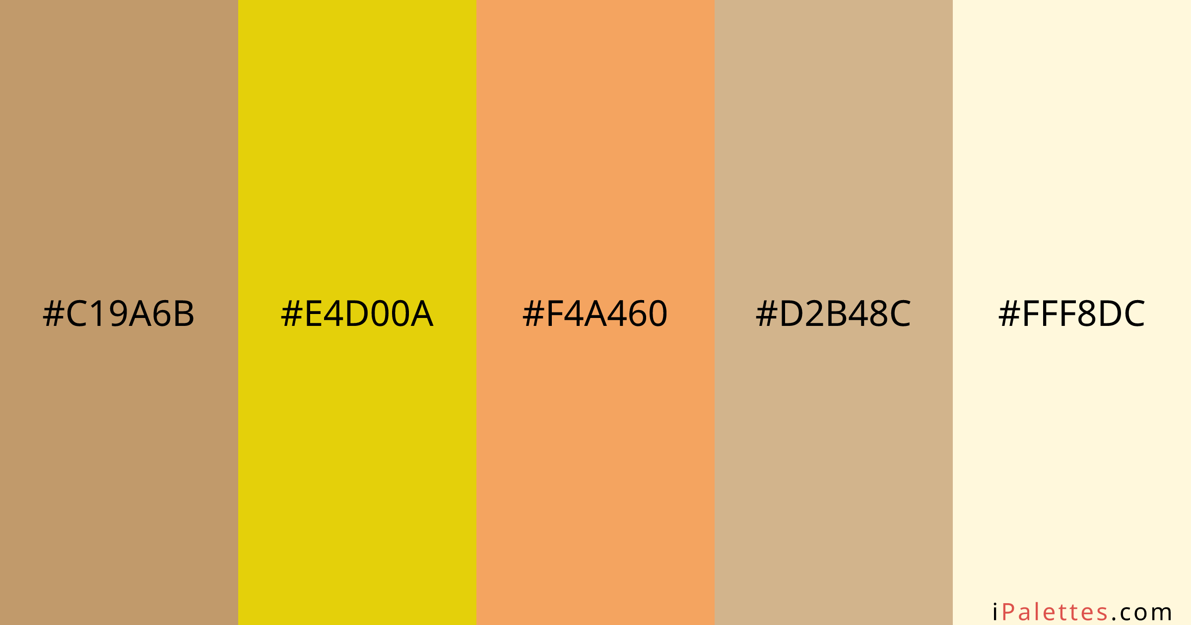 Desert Color Palette and colors #C19A6B #E4D00A #F4A460 #D2B48C #FFF8DC ...