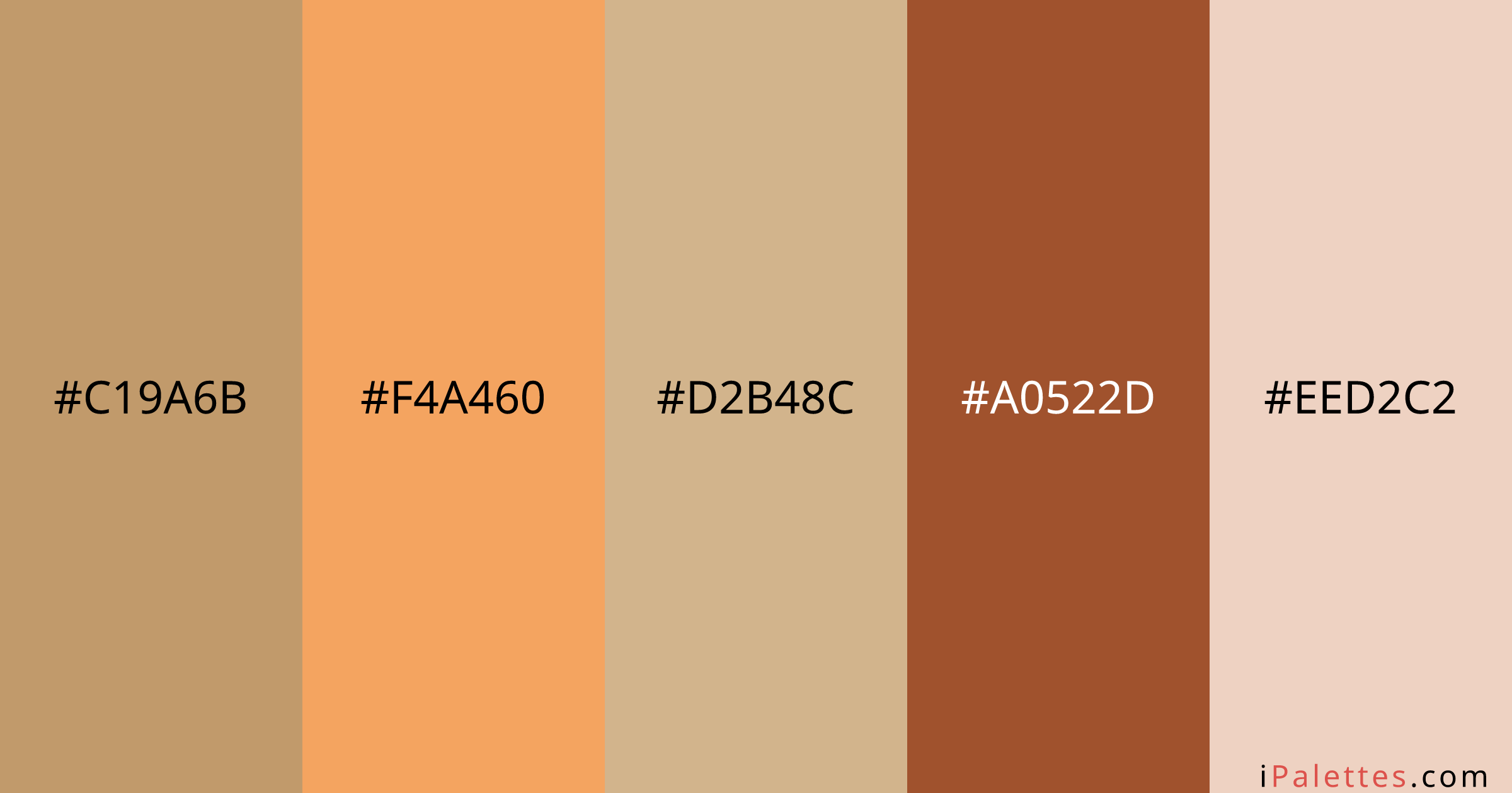Desert Color Palette and colors #C19A6B #F4A460 #D2B48C #A0522D #EED2C2 ...