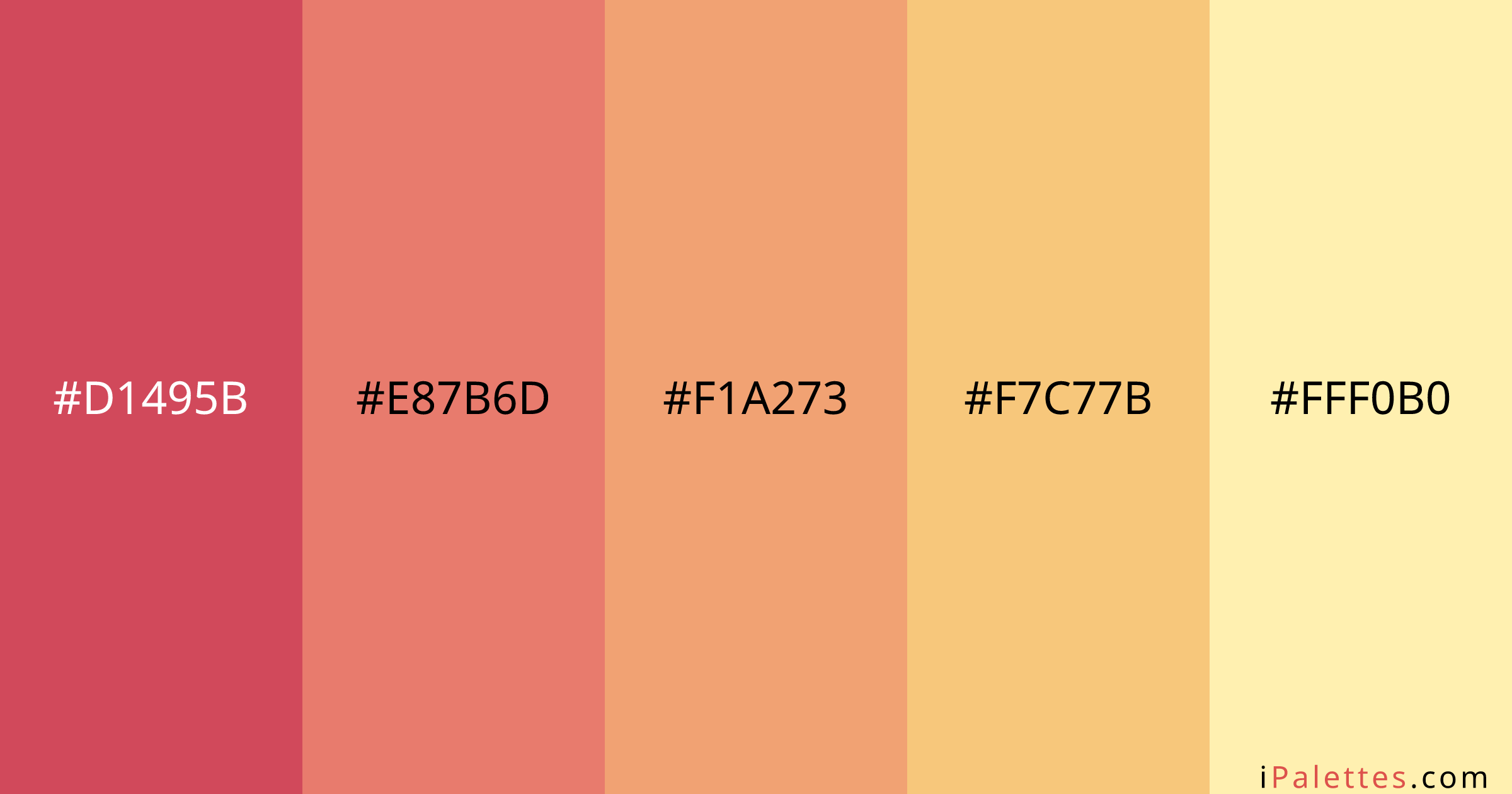 Sunset Color Palette and colors #D1495B #E87B6D #F1A273 #F7C77B #FFF0B0 ...