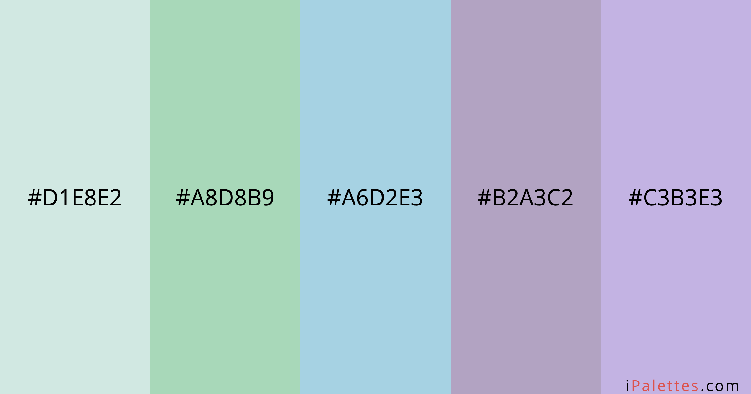 Soothing Color Palette and colors #D1E8E2 #A8D8B9 #A6D2E3 #B2A3C2 # ...