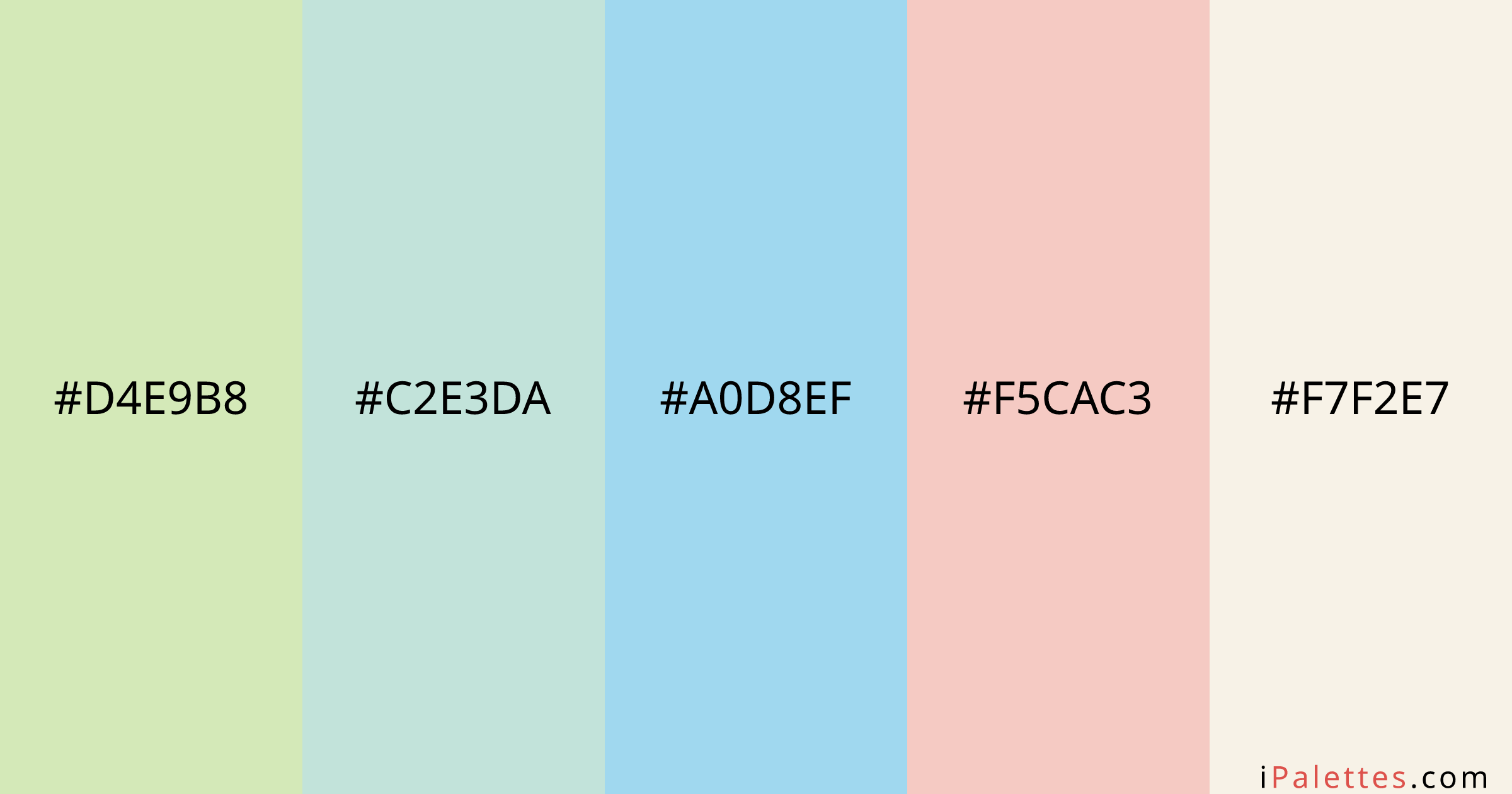 April Color Palette and colors #D4E9B8 #C2E3DA #A0D8EF #F5CAC3 #F7F2E7 ...