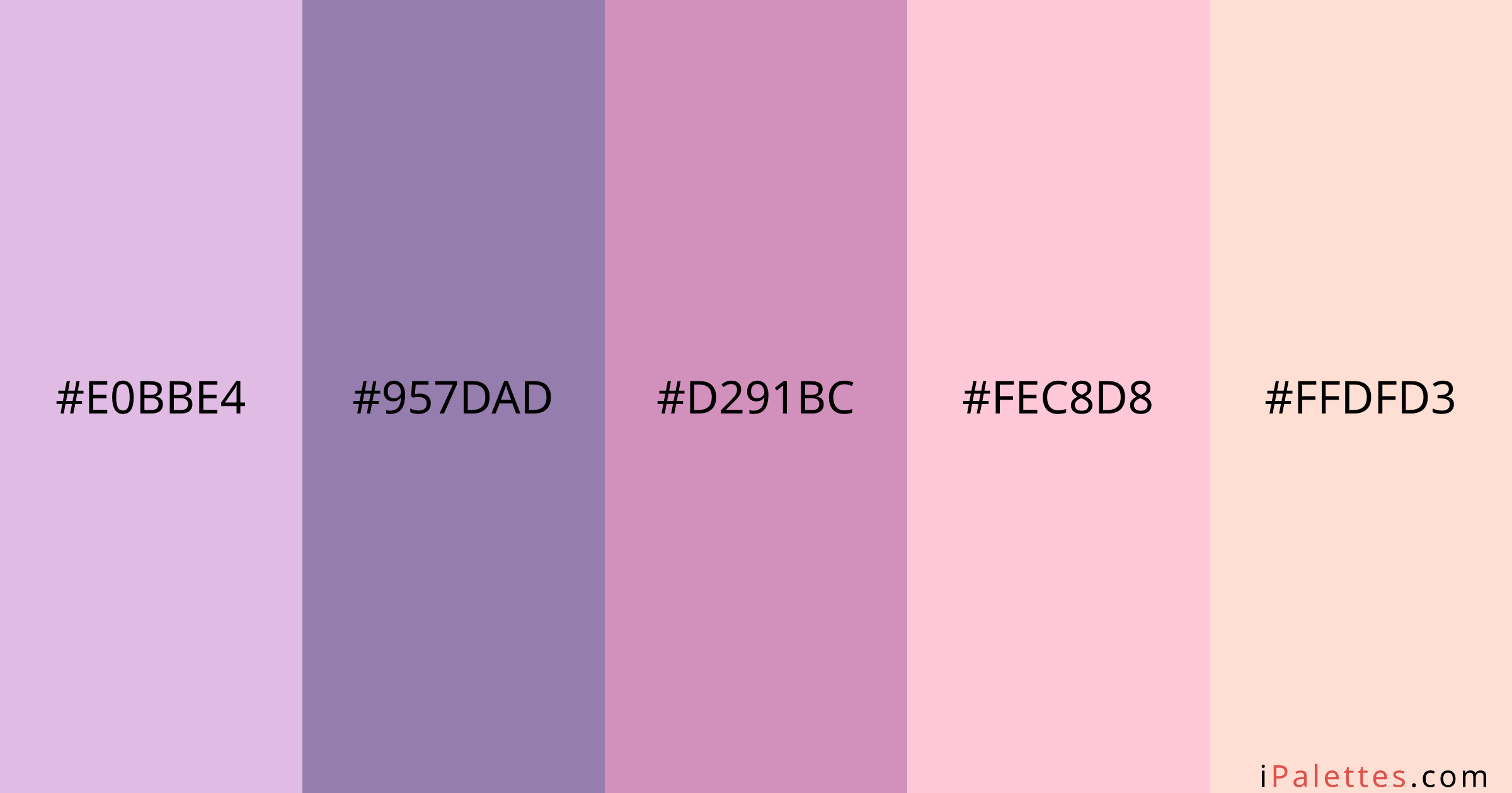 Spring Colour Color Palette and colors #E0BBE4 #957DAD #D291BC #FEC8D8 ...