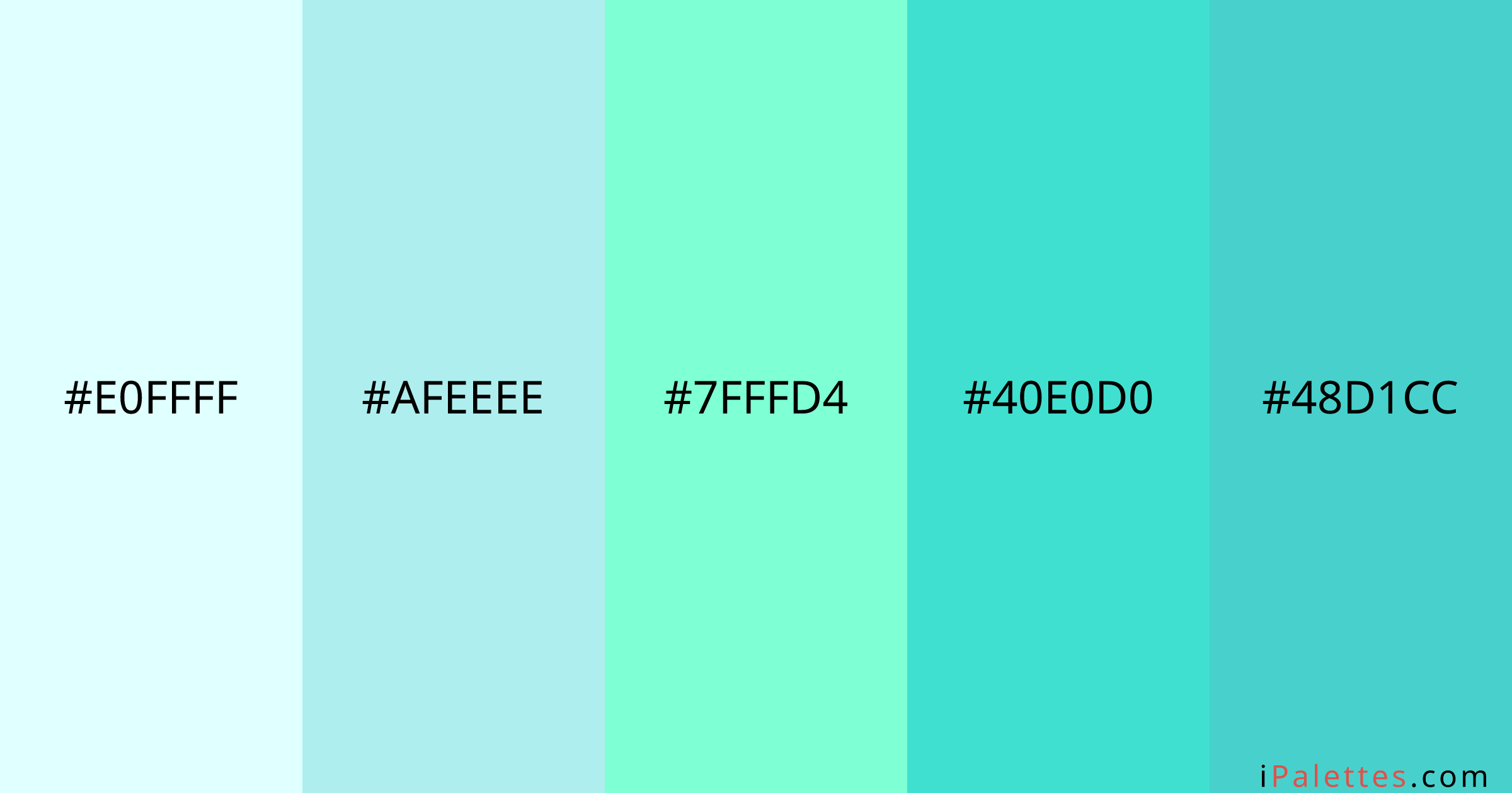 Cooler Color Palette and colors #E0FFFF #AFEEEE #7FFFD4 #40E0D0 #48D1CC ...